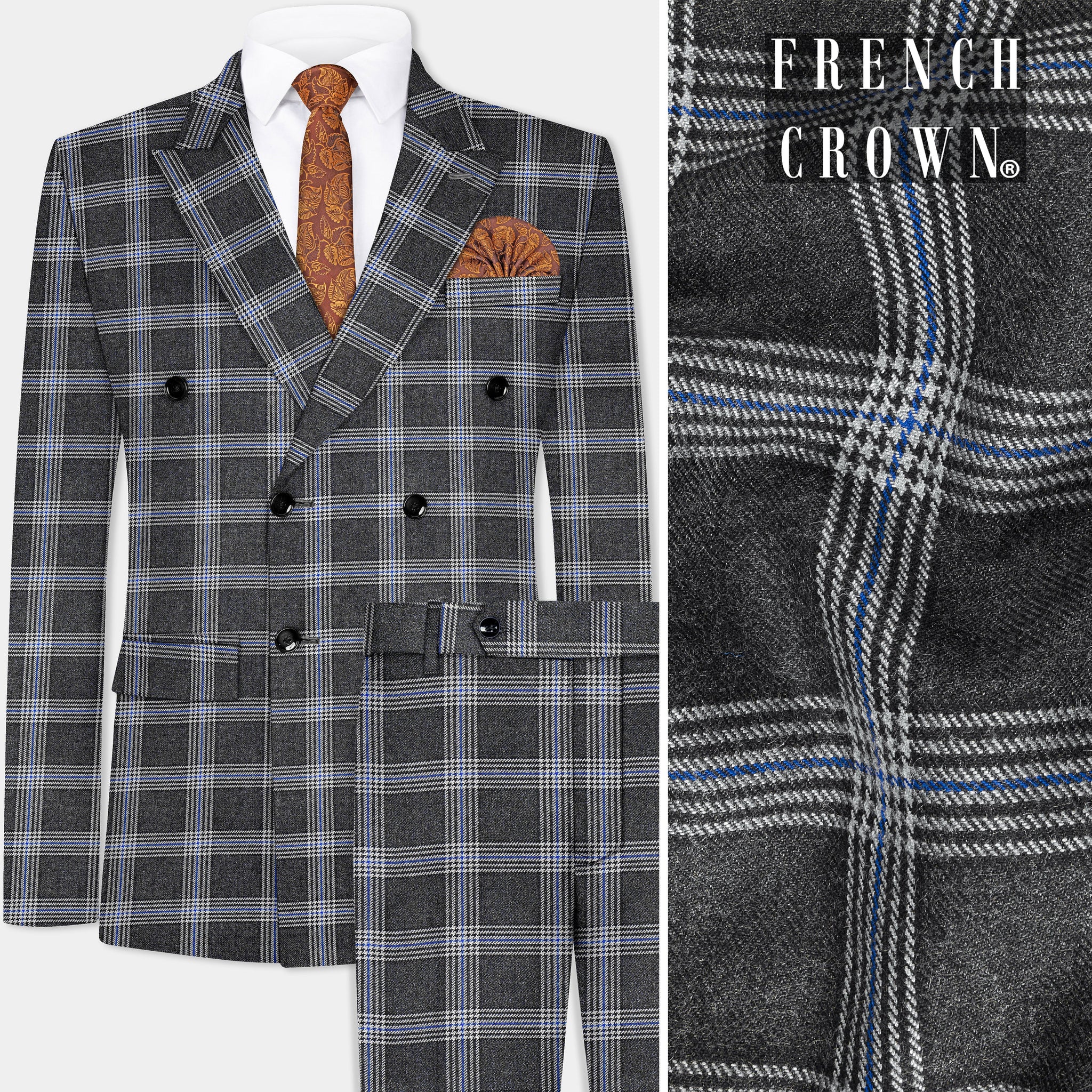 Iridium Gray Checks-Plaid Premium Wool Blend Double Breasted Suit For Men.