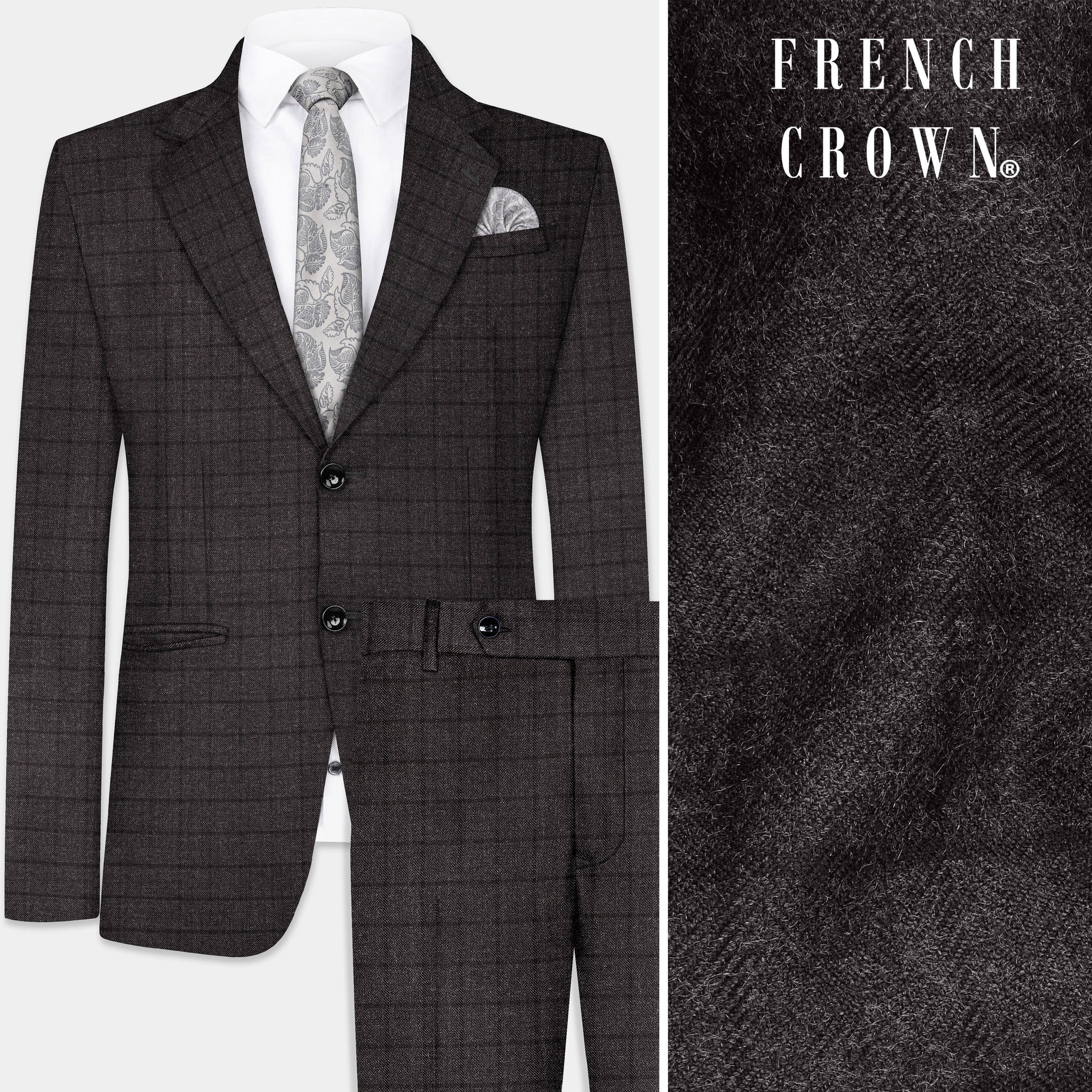 Thunder Gray Checks-Plaid Premium Wool Blend Single Breasted Suit For Men.