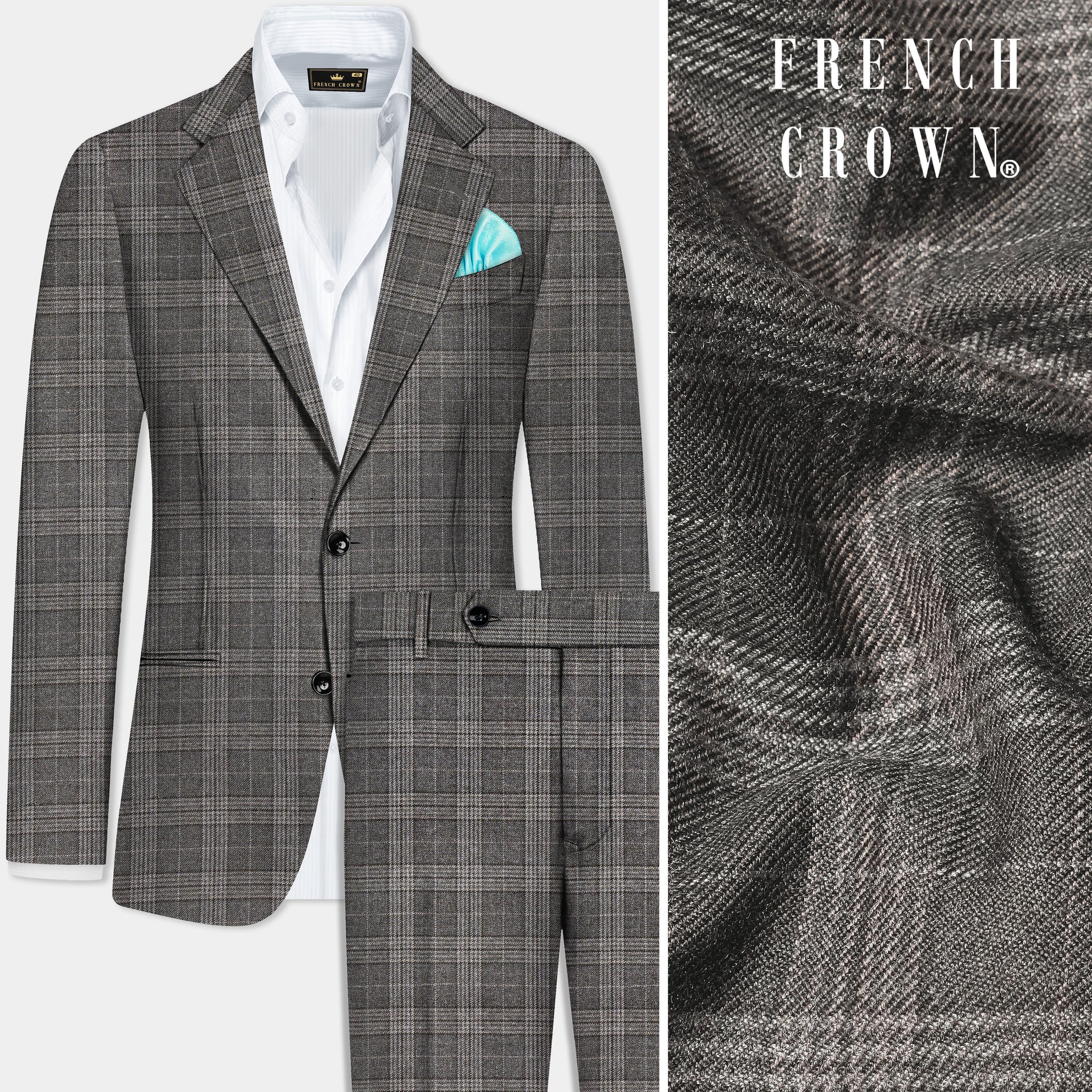 Iridium Gray Plaid Premium Wool Blend Single Breasted Suit For Men.