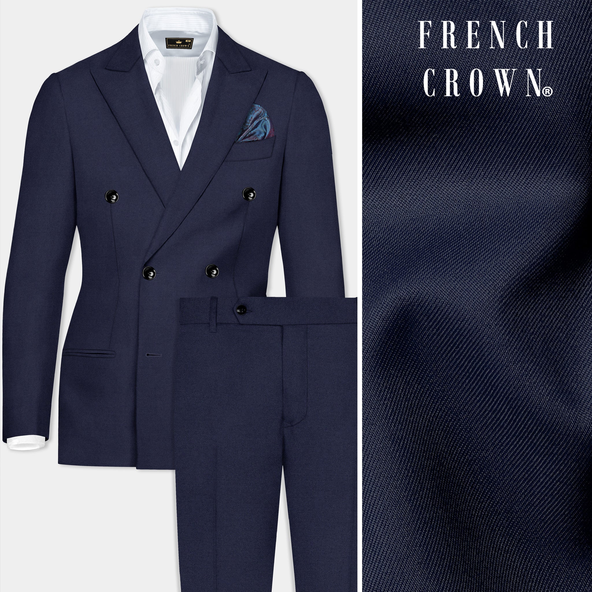 Space Cadet Blue Solid Premium Wool Blend Double Breasted Suit For Men.