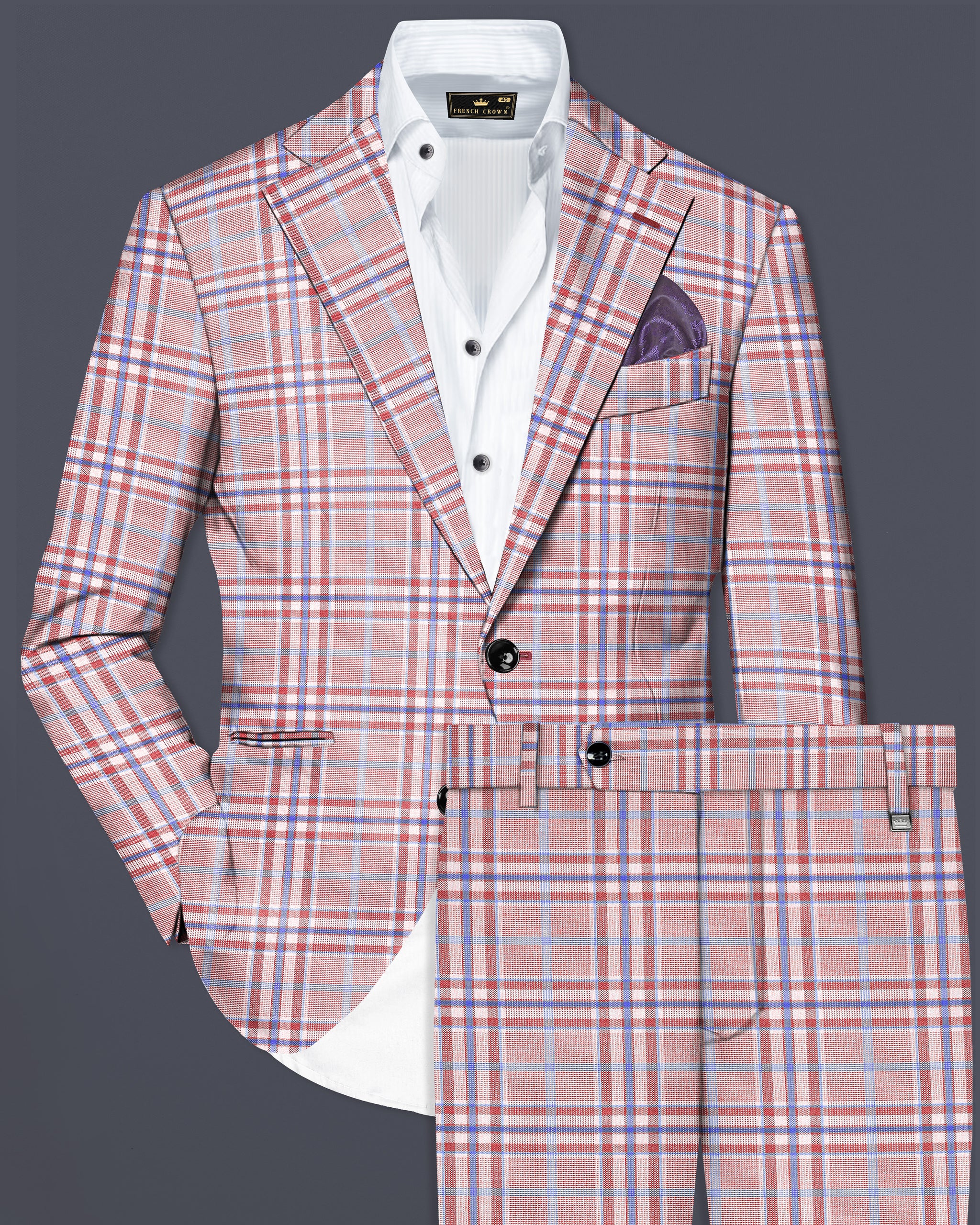 Turkish Rose Pink And Wild Blue Plaid Premium Wool Rich Single Breasted ...