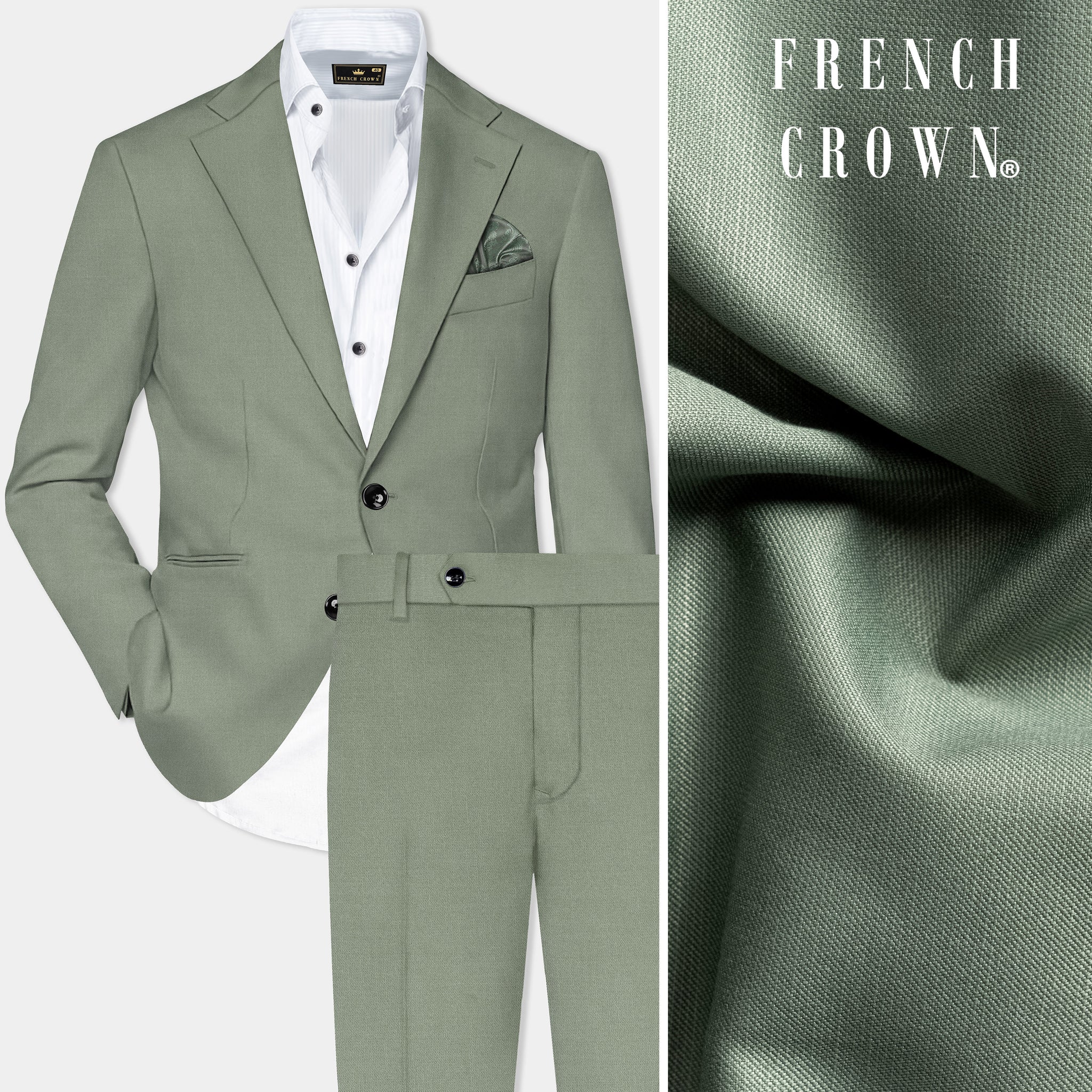 Spanish Green Solid Premium Wool Blend Single Breasted Suit For Men.