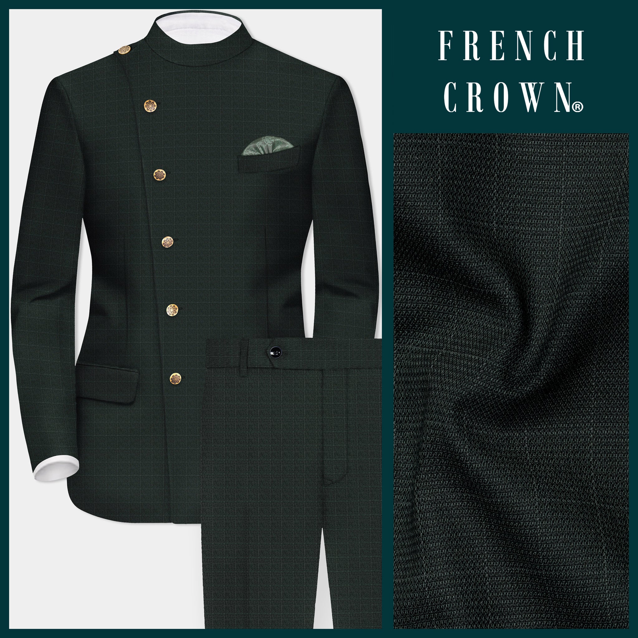 Aztec-Opulent Green Checks Plaid Premium Wool Blend Bandhgala/Jodhpuri ...