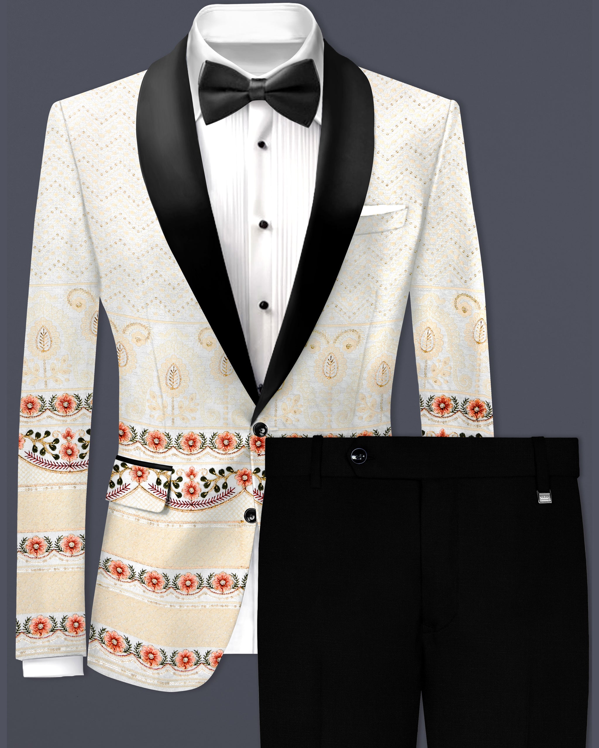 Off White And ApricotPeach Multicolor Sequin and thread Embroidered ...