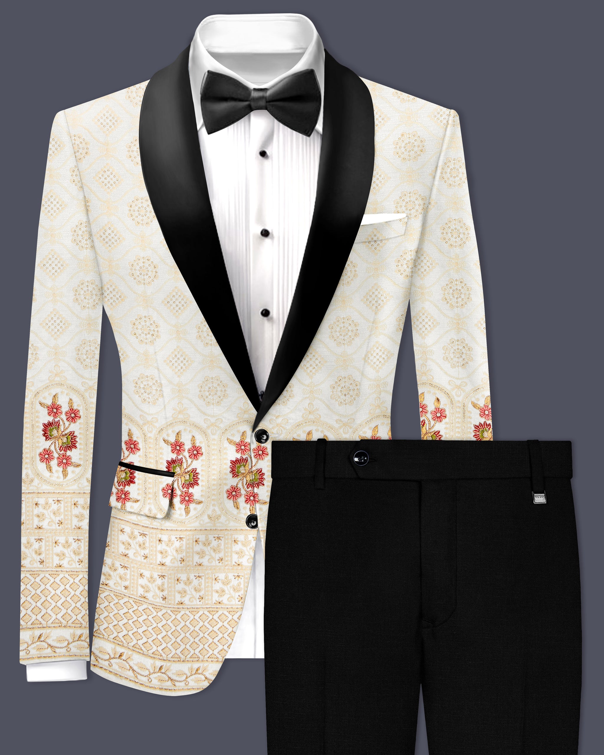 Ecru Off White And Peachy Pink Sequin and thread Embroidered Textured ...