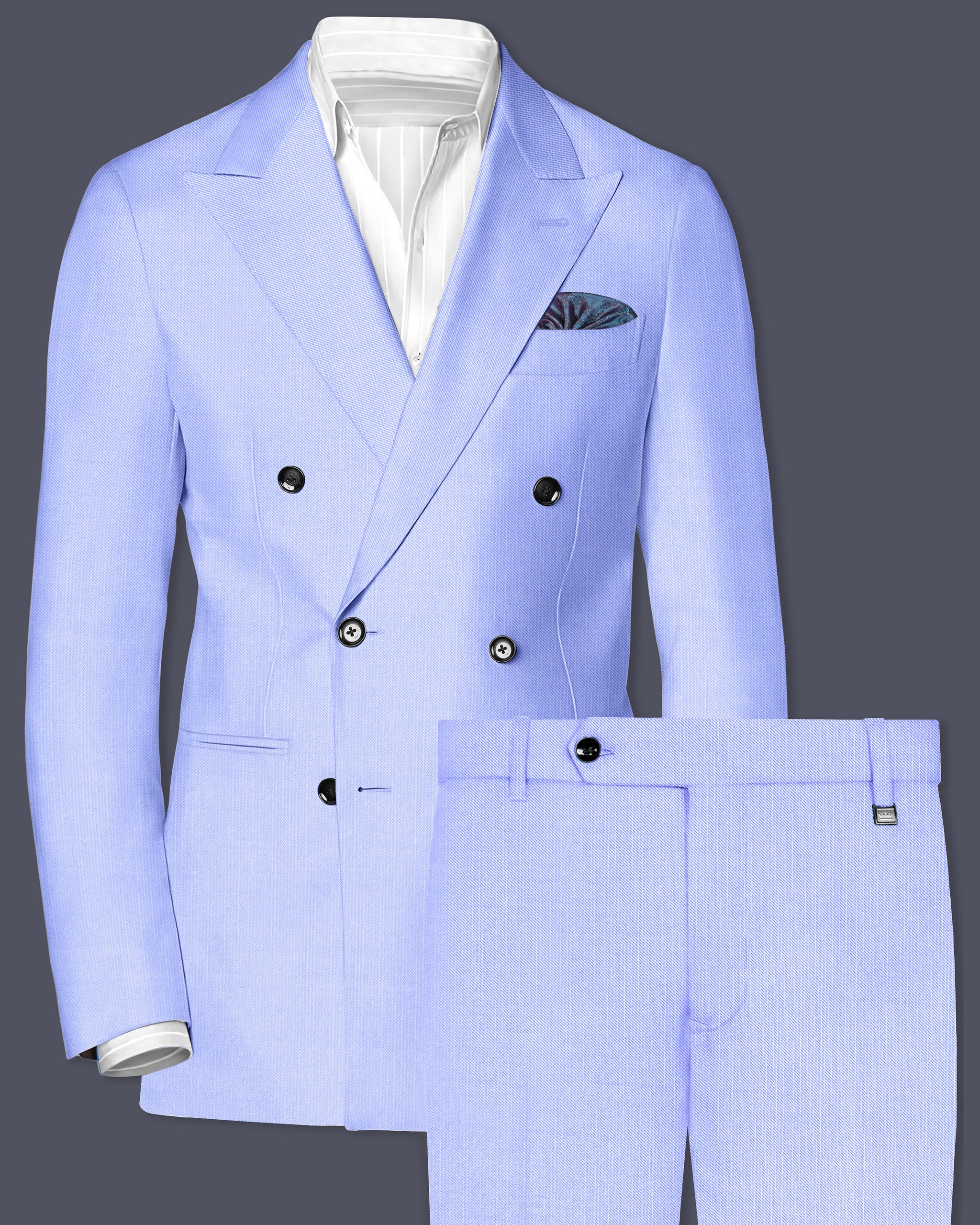 Periwinkle Blue Solid Premium Wool Rich Double Breasted Suit For Men.