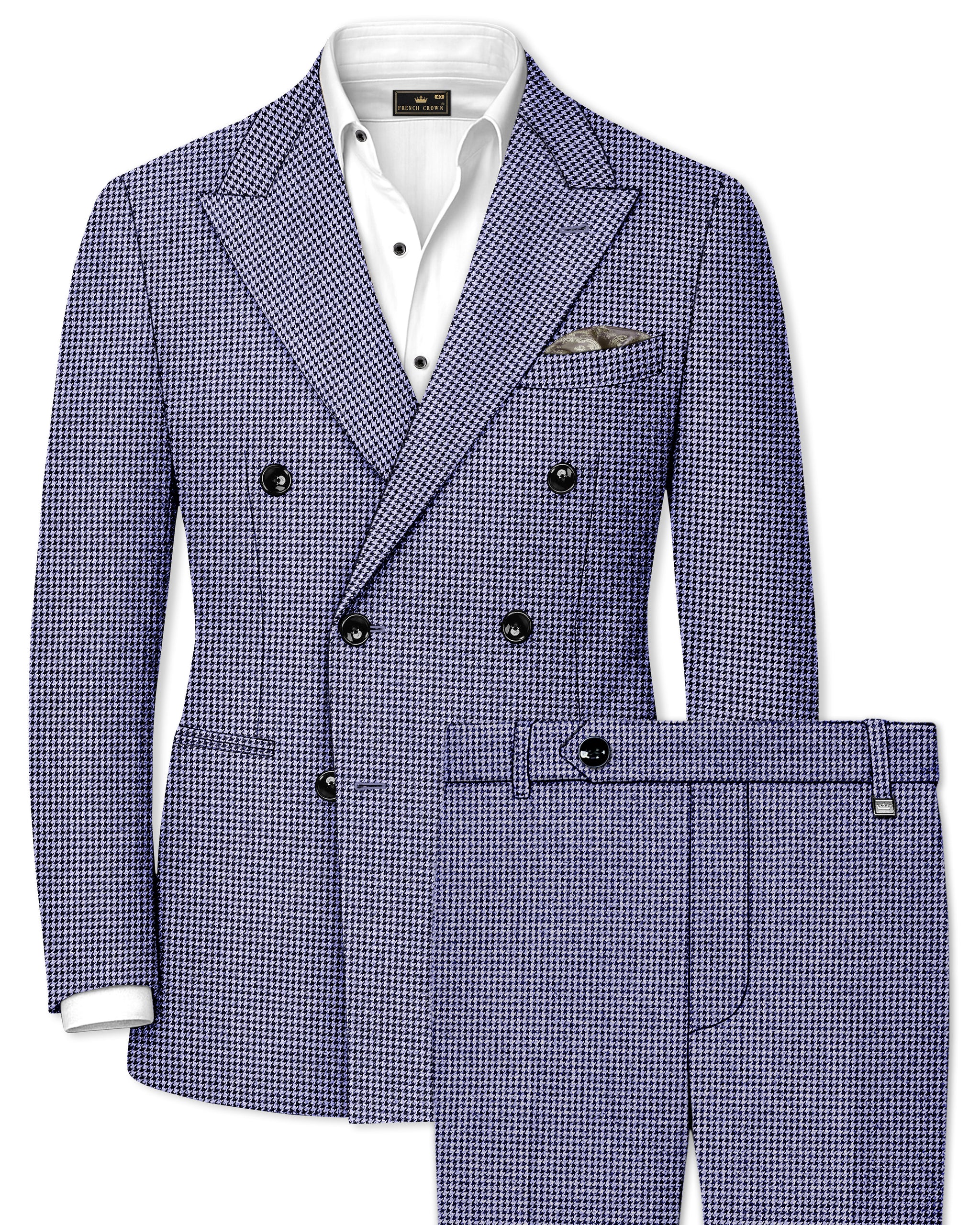 Dusk-Mulled Blue Classic Houndstooth Textured Premium Wool Rich Double ...