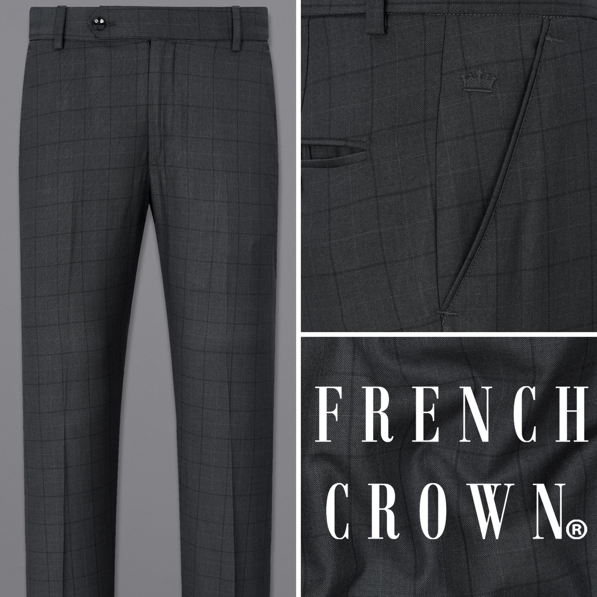 Gravel Grey Checks-Plaid Regular Fit Terry Rayon Pants For Men