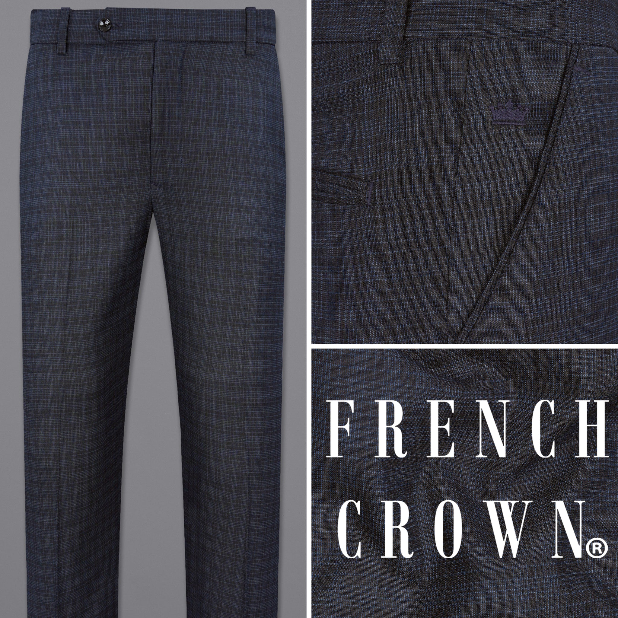 Ebony Clay and Metallic Blue Checks-Plaid Regular Fit Terry Rayon Pant ...