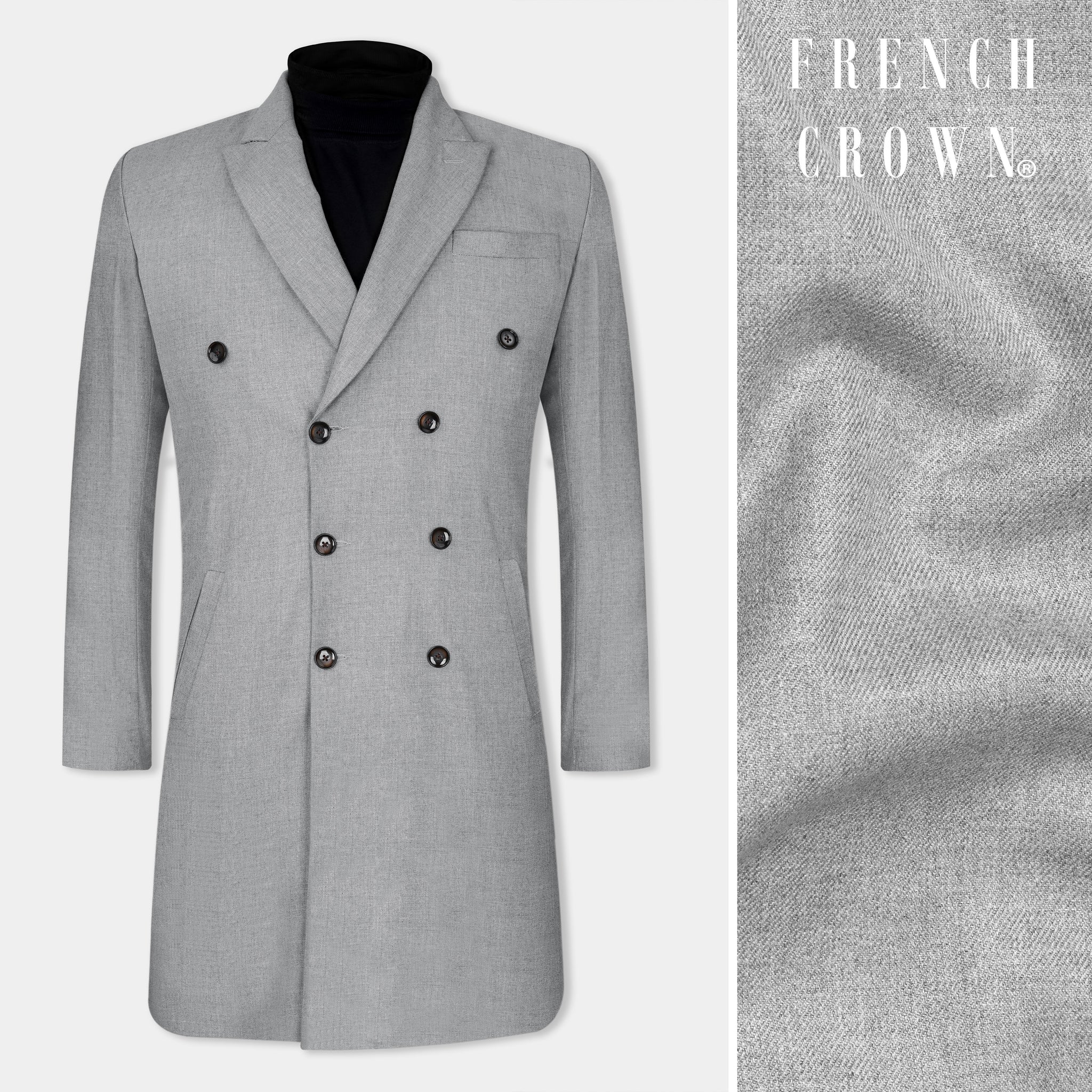 Pale Slate Gray Textured Premium Wool-Blend Trenchcoat For Men.