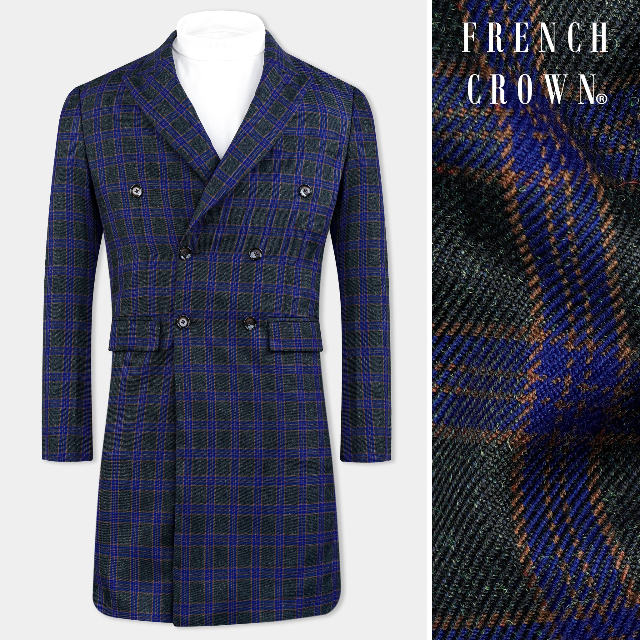Blue and Piano Black Checks-Plaid Premium Wool Blend Double Breasted ...