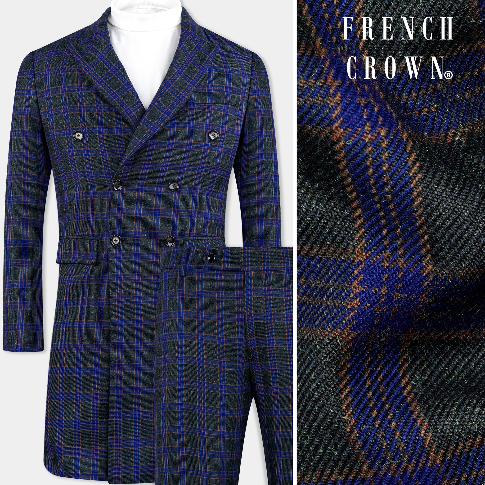 Blue and Piano Black Checks-Plaid Premium Wool Blend Double Breasted ...