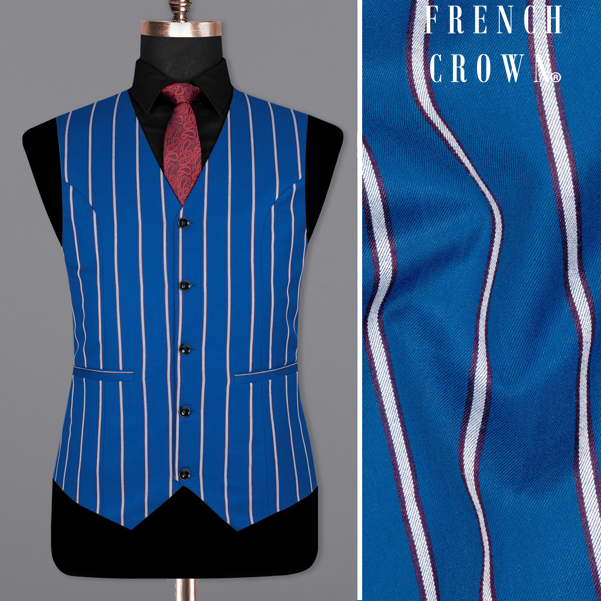Cerulean Blue Stripes Premium Wool Blend Waistcoats For Men