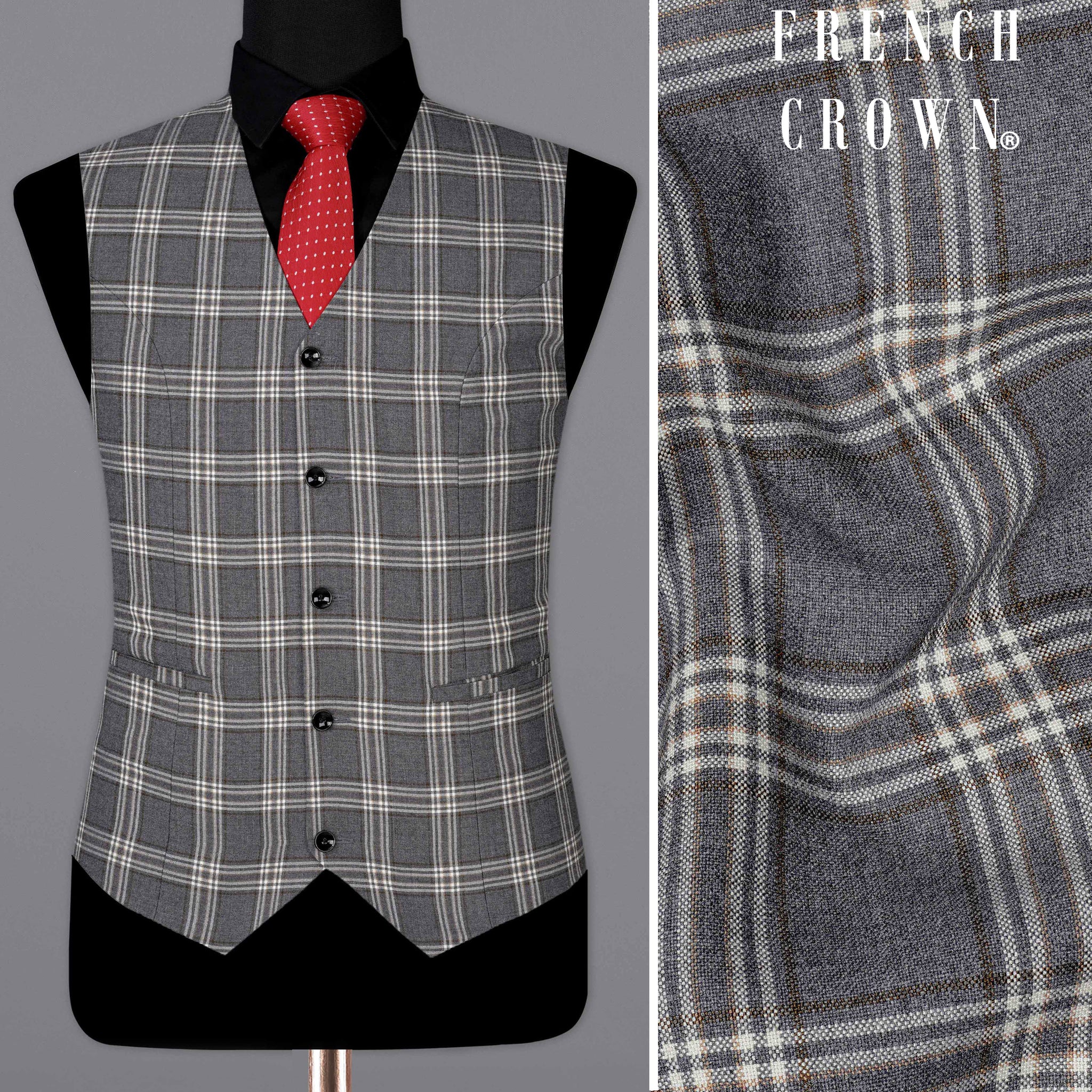 Smoky Gray Checks-Plaid Premium Terry Rayon Waistcoats For Men