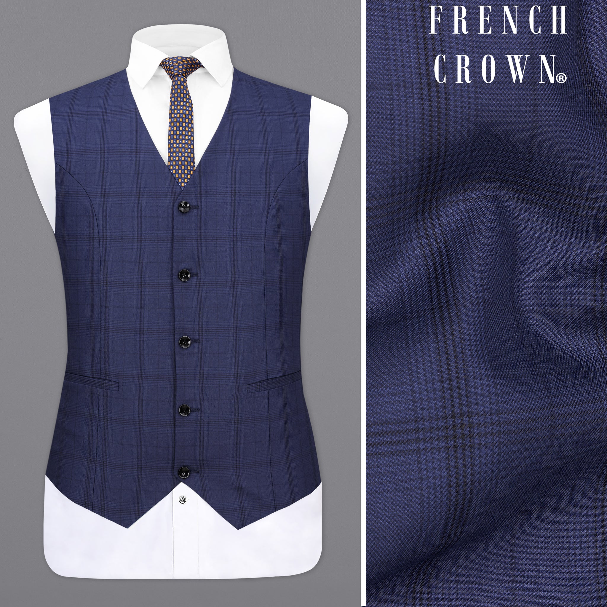 Tuna Blue Checks-Plaid Premium Terry-Rayon Wedding Waistcoats For Men.