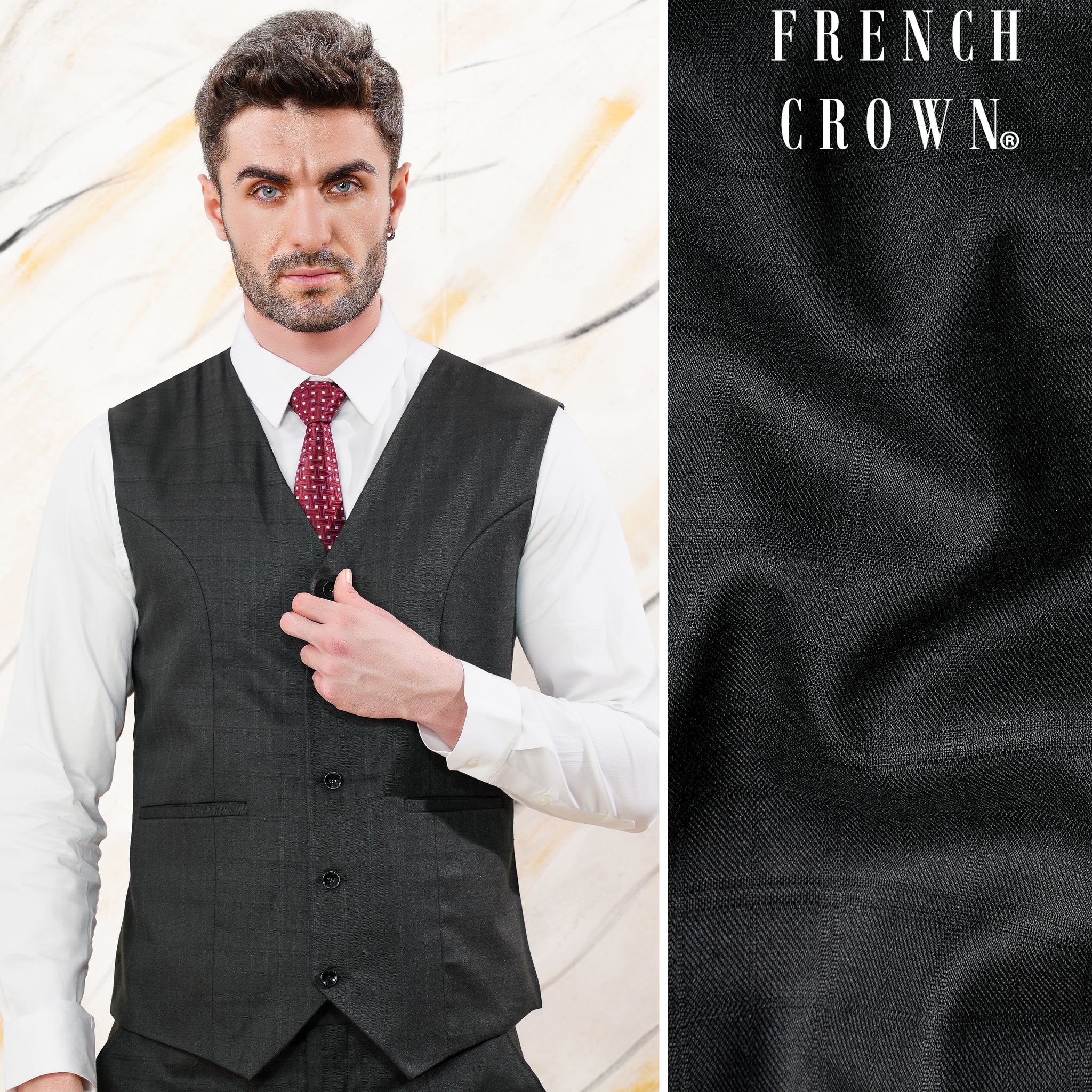 Abbey Gray Checks-Plaid Premium Wool Blend Wedding Waistcoats For Men.