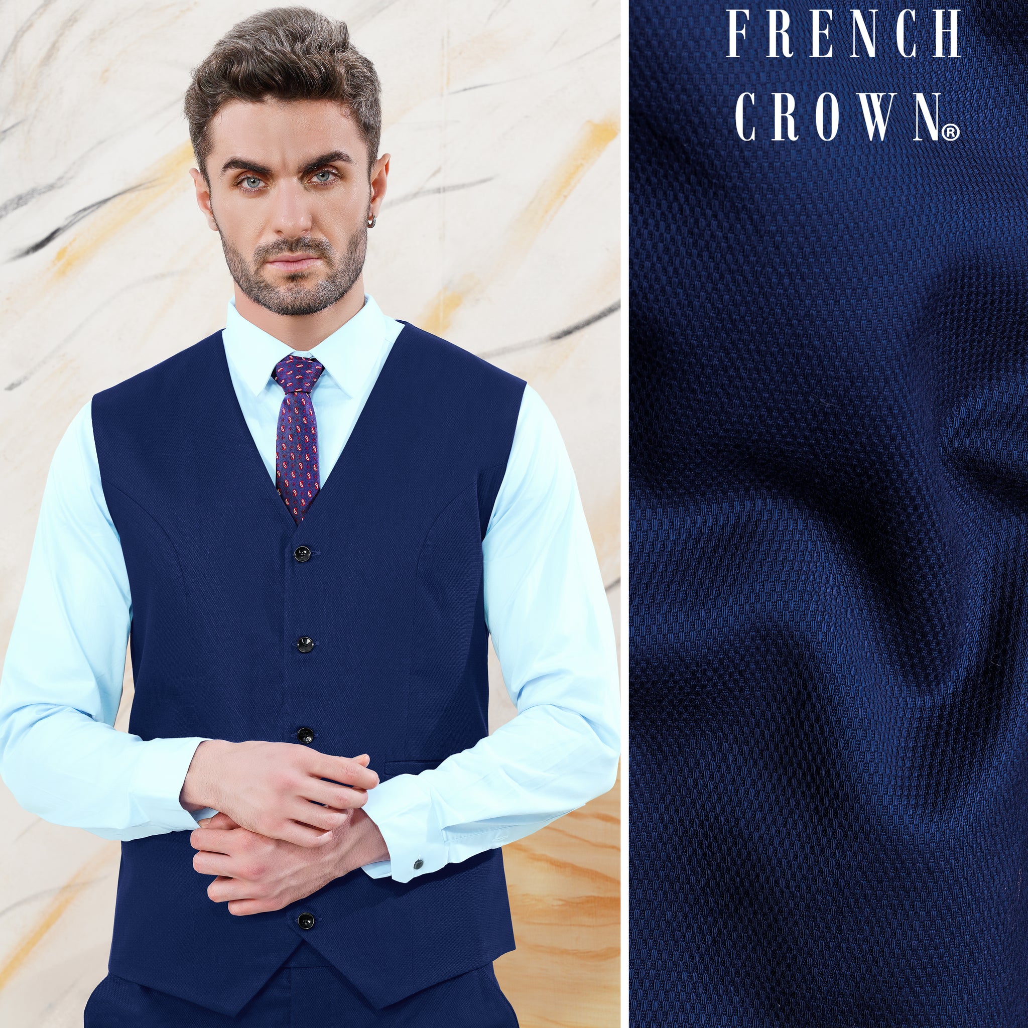 Downriver Blue Textured Premium Wool Blend Wedding Waistcoats For Men.