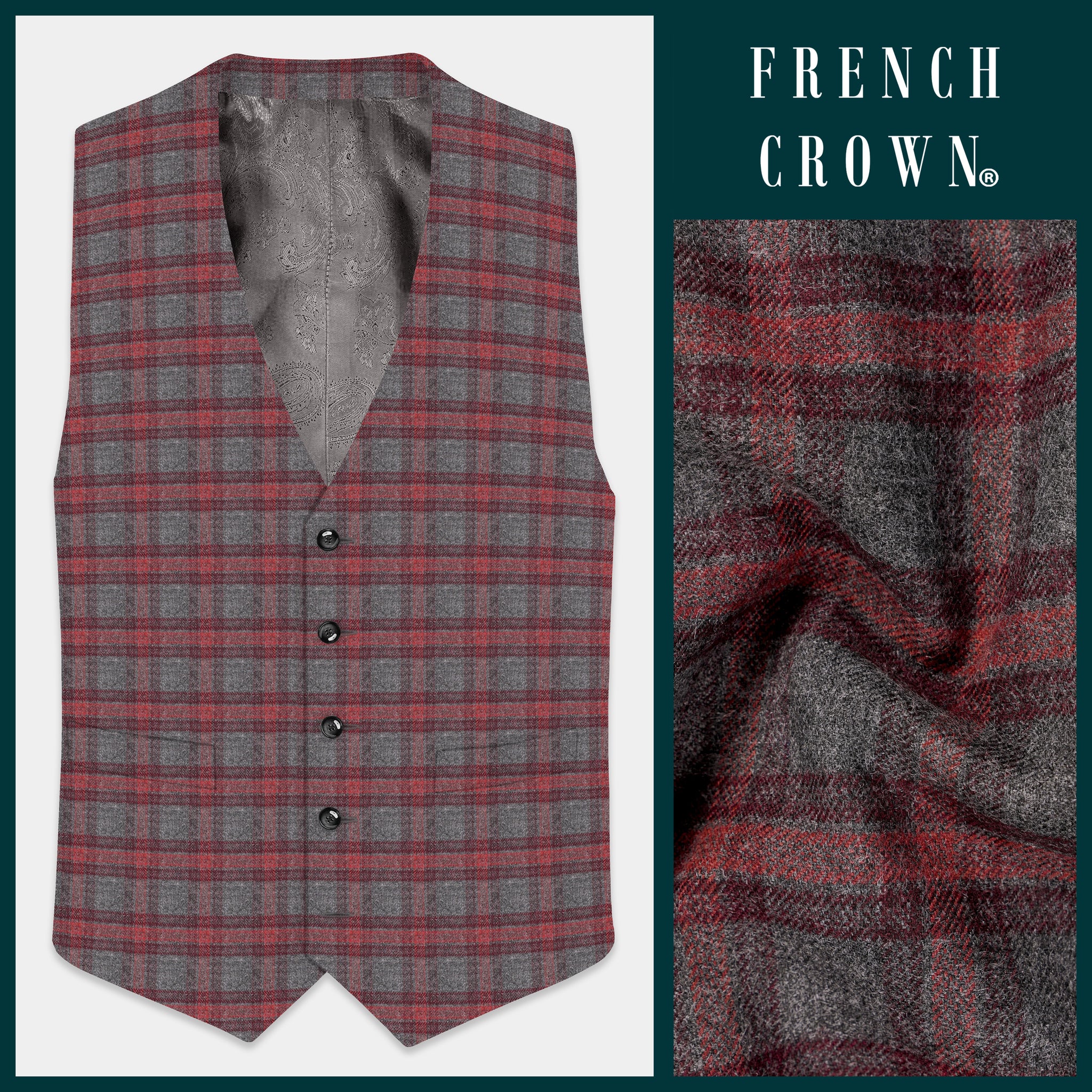 Tuscany-Chicago Gray And Tosca Red Checks Plaid Premium Wool Blend ...