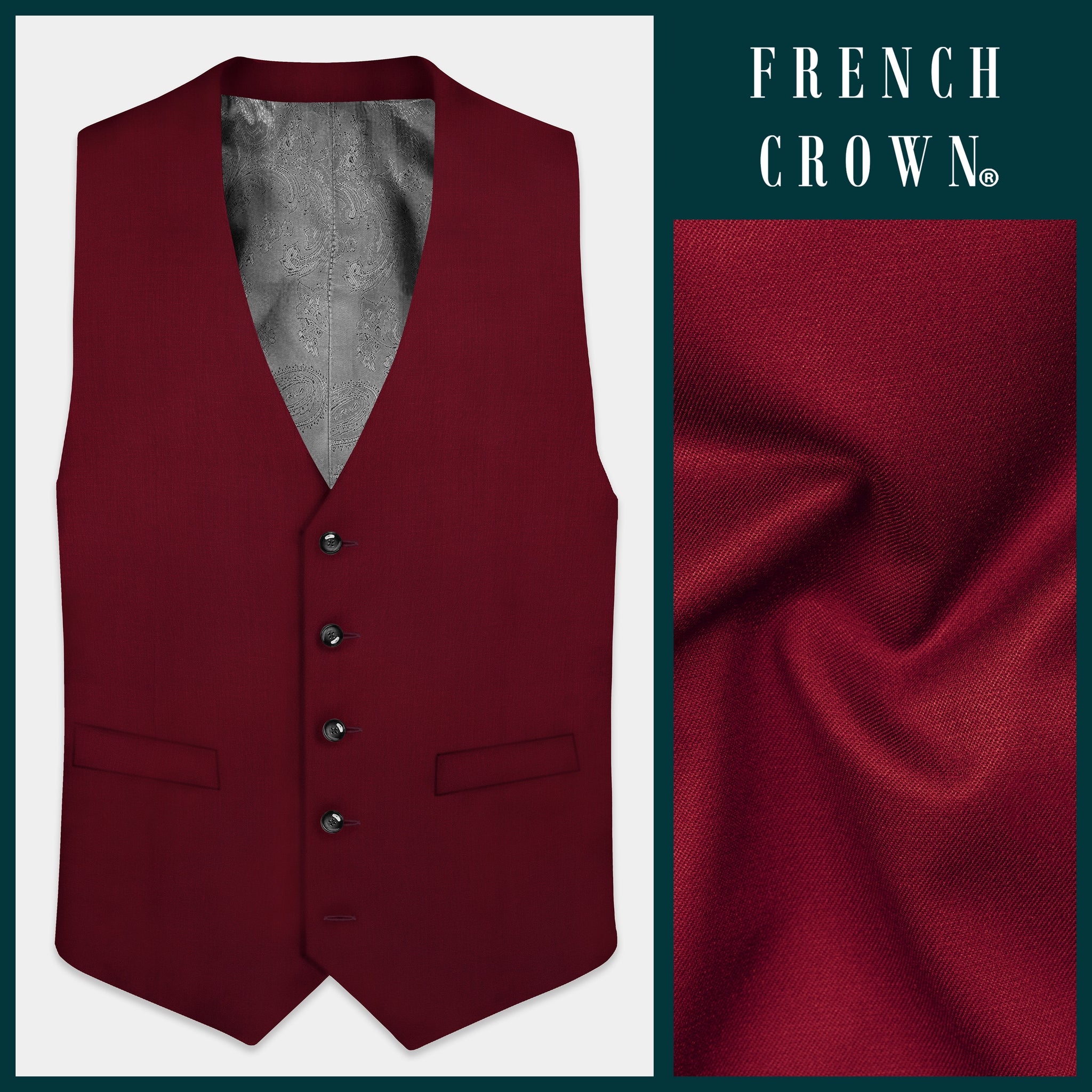 CrimsonAce-Cherry Red Solid Premium Wool Blend Waistcoat For Men.