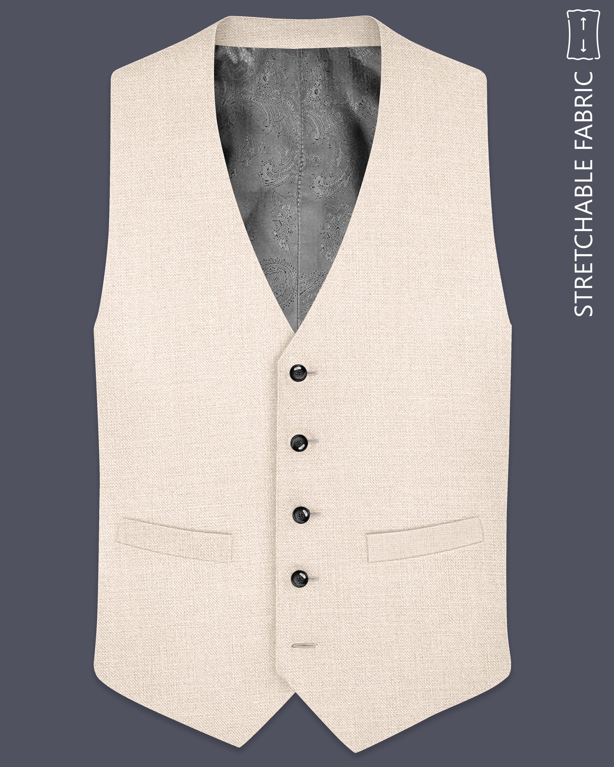 Ivoreo-Merino Cream Solid Premium Linen Waistcoat For Men.
