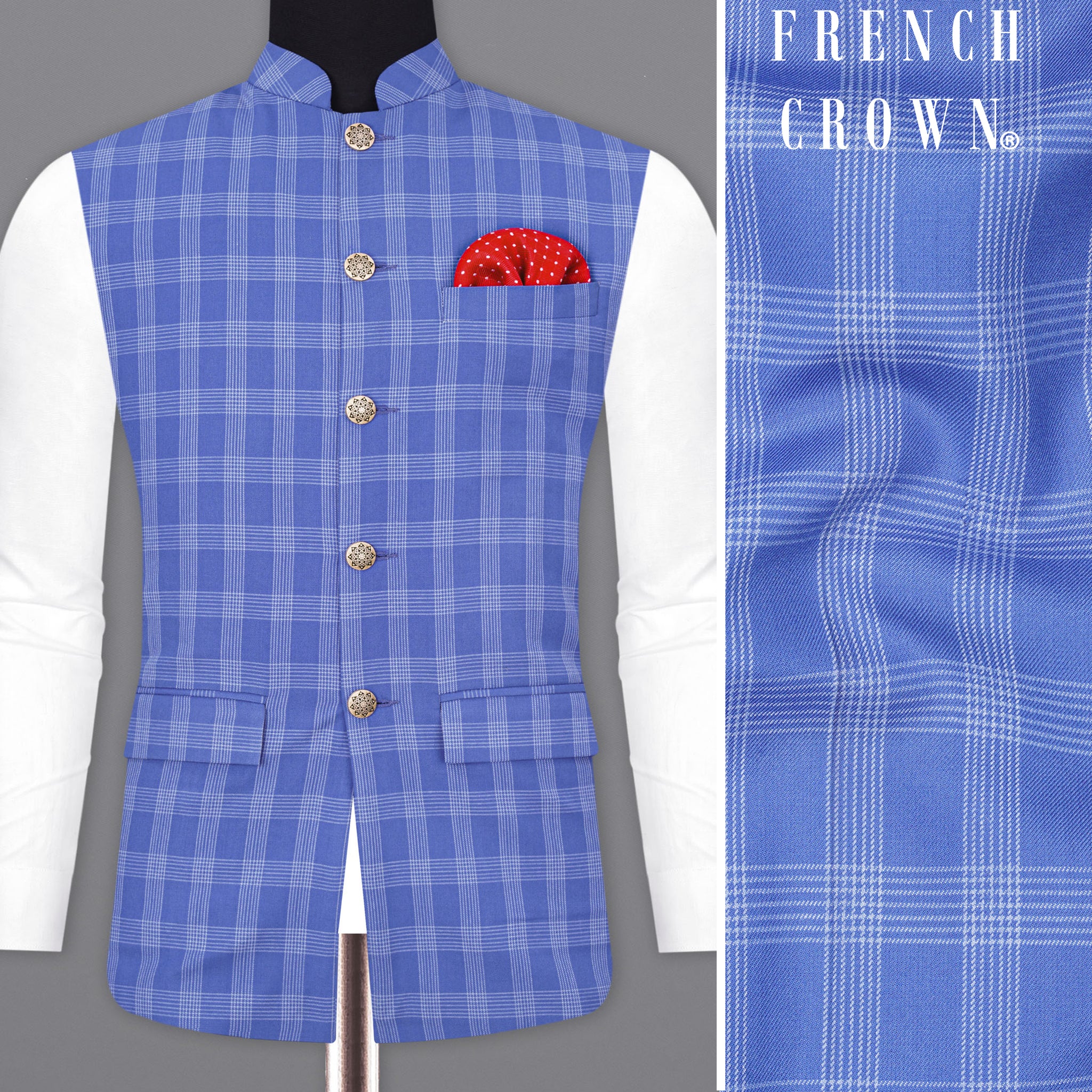 Glaucous Blue Textured Premium Terry-Rayon Waistcoats For Men