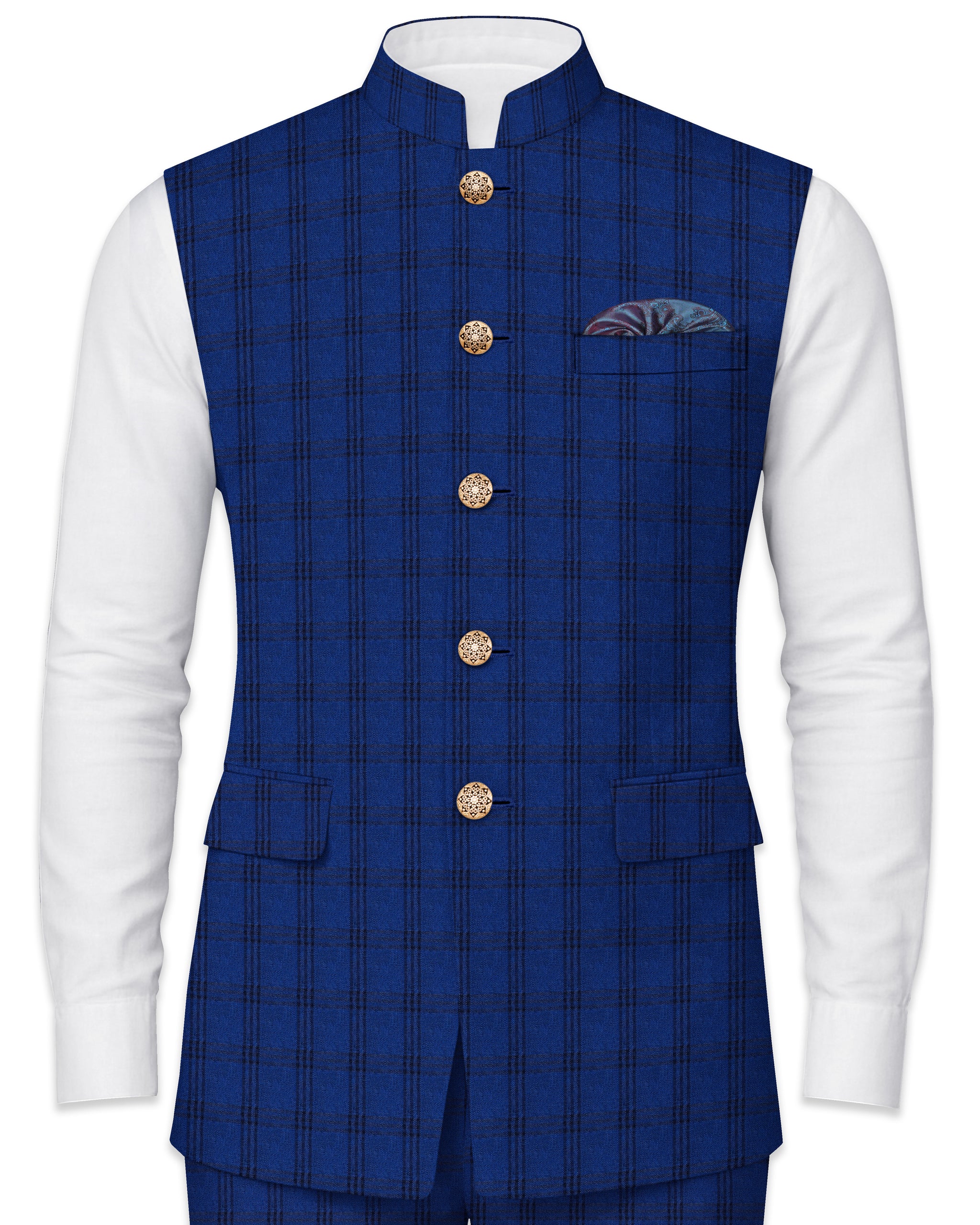 Cloud Burst Blue With Black Checks-Plaid Premium Terry Rayon Nehru ...