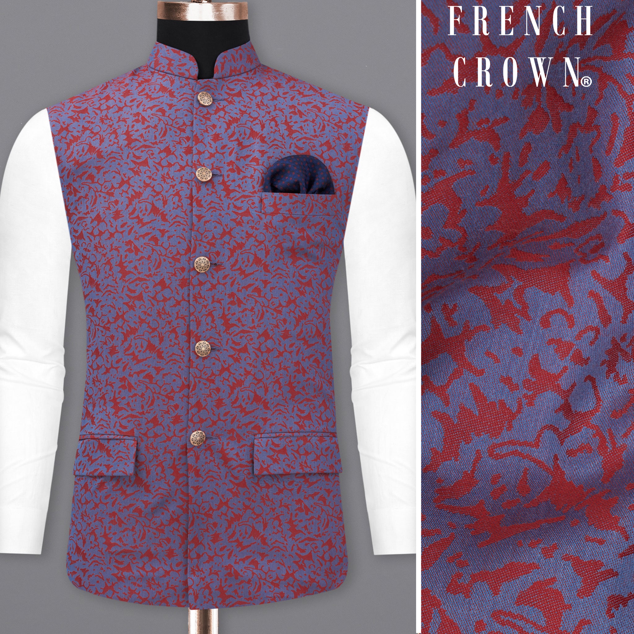 Waikawa Blue with Sanguine Red Textured Premium Polyester Wedding Nehru ...