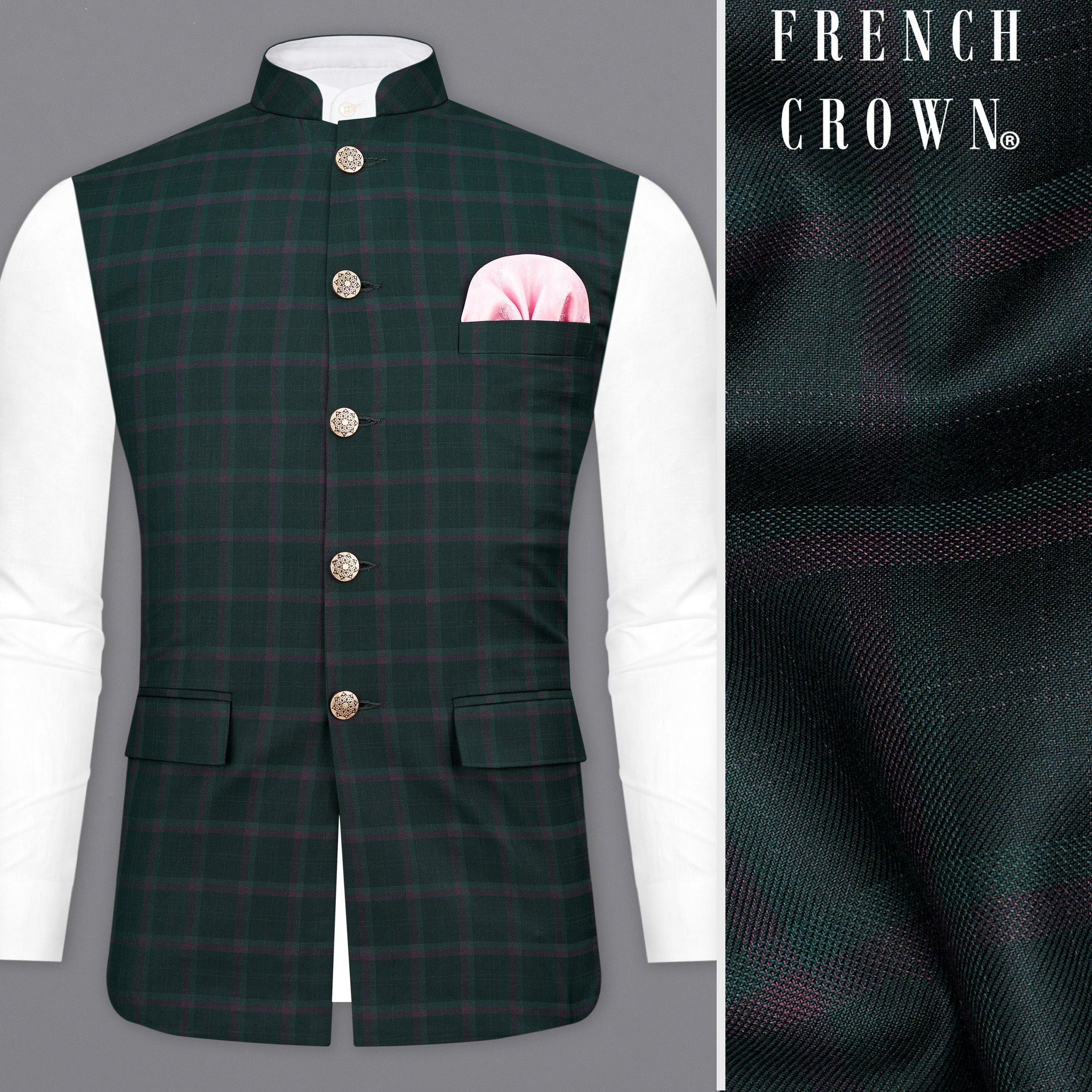 Timber Green Checks-Plaid Premium Terry-Rayon Wedding Nehru Jackets For ...