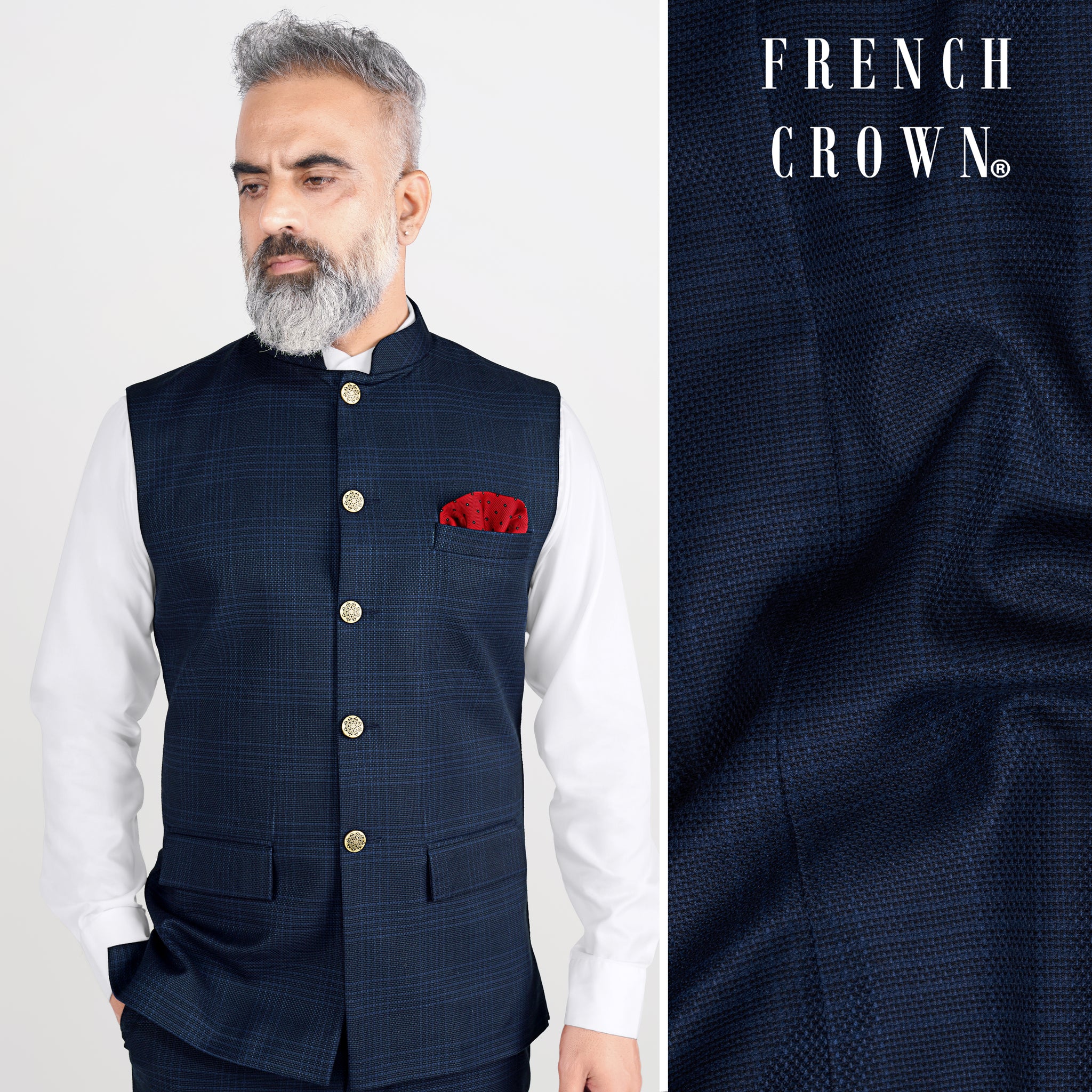Prussian Blue Checks-Plaid Premium Wool-Blend Wedding Nehru Jackets For ...