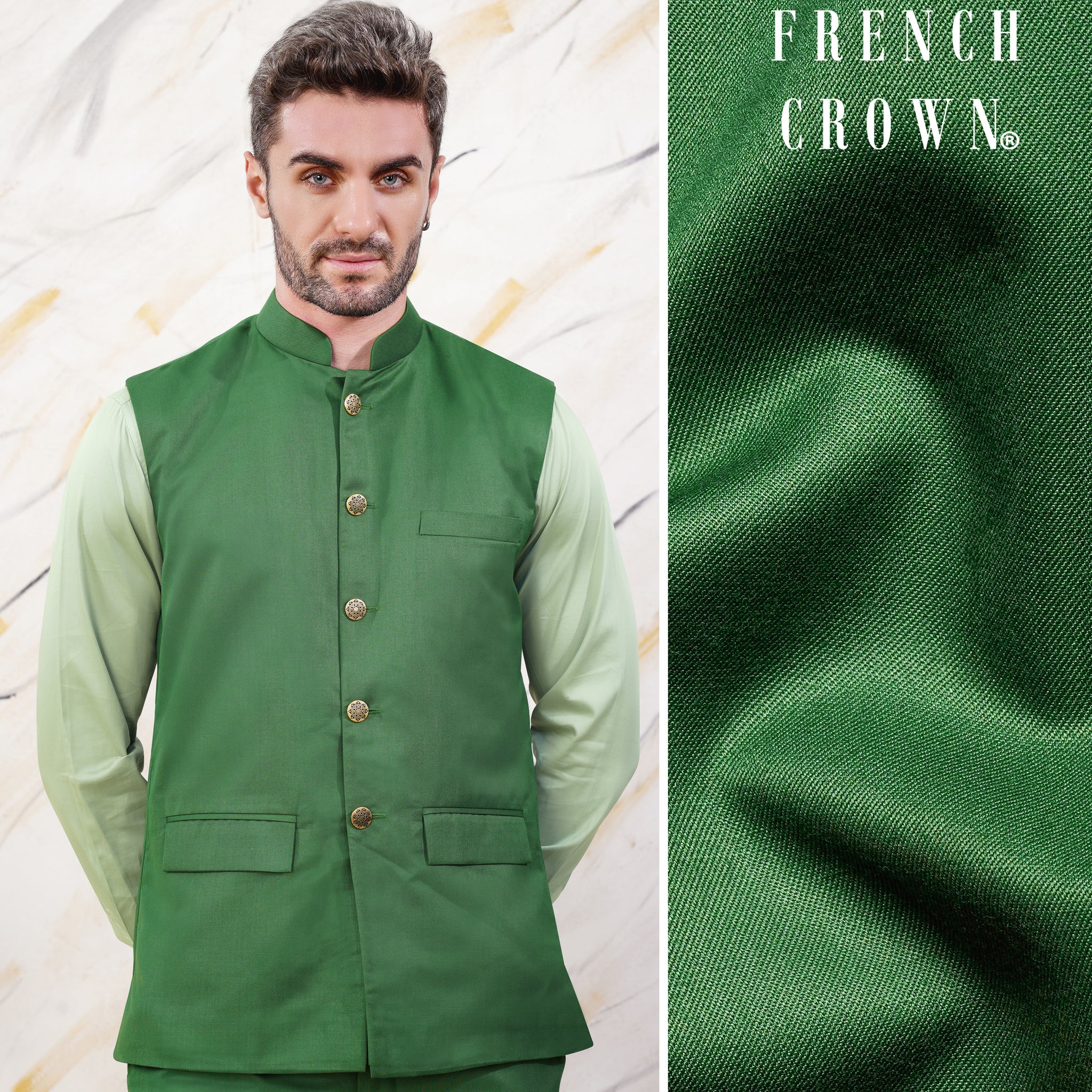 Como Green Textured Premium Wool Blend Wedding Nehru Jackets For Men.