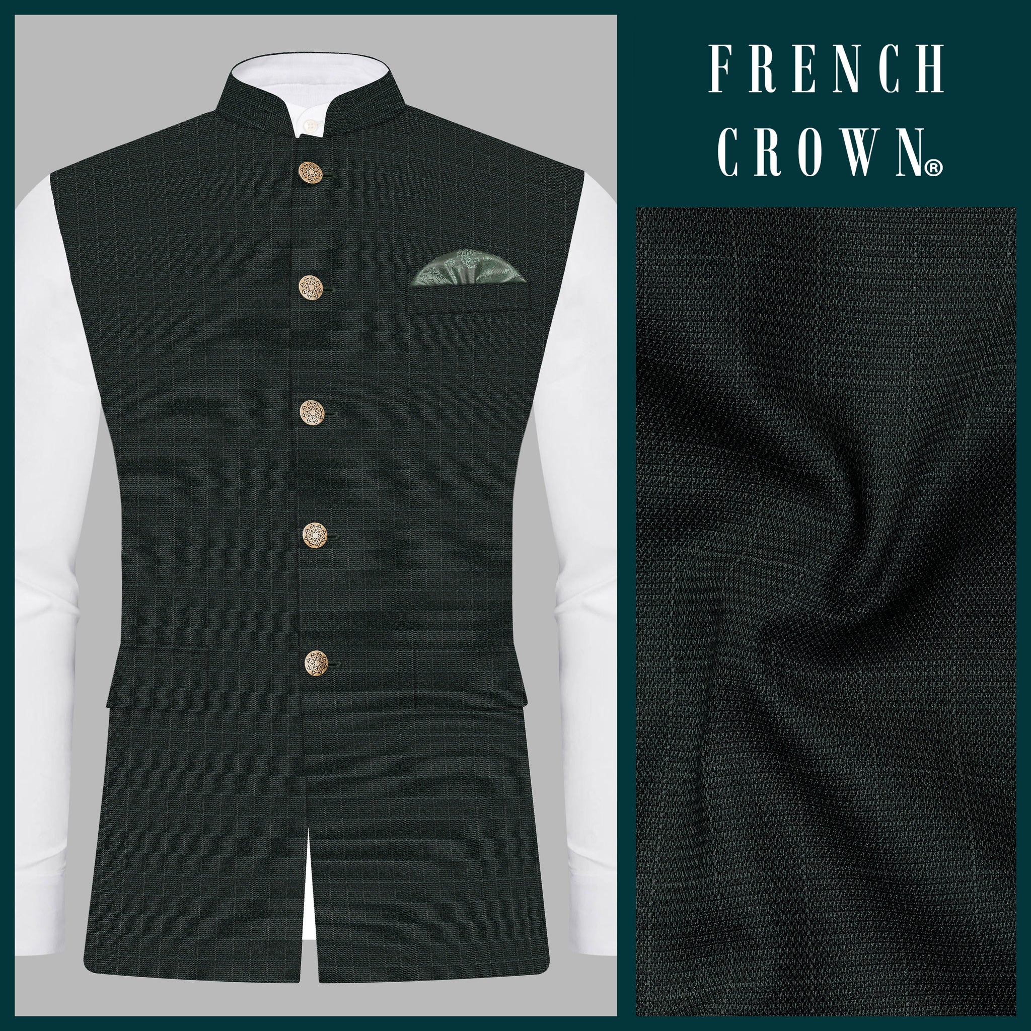 Aztec-Opulent Green Checks Plaid Premium Wool Blend Nehru Jacker For Men.