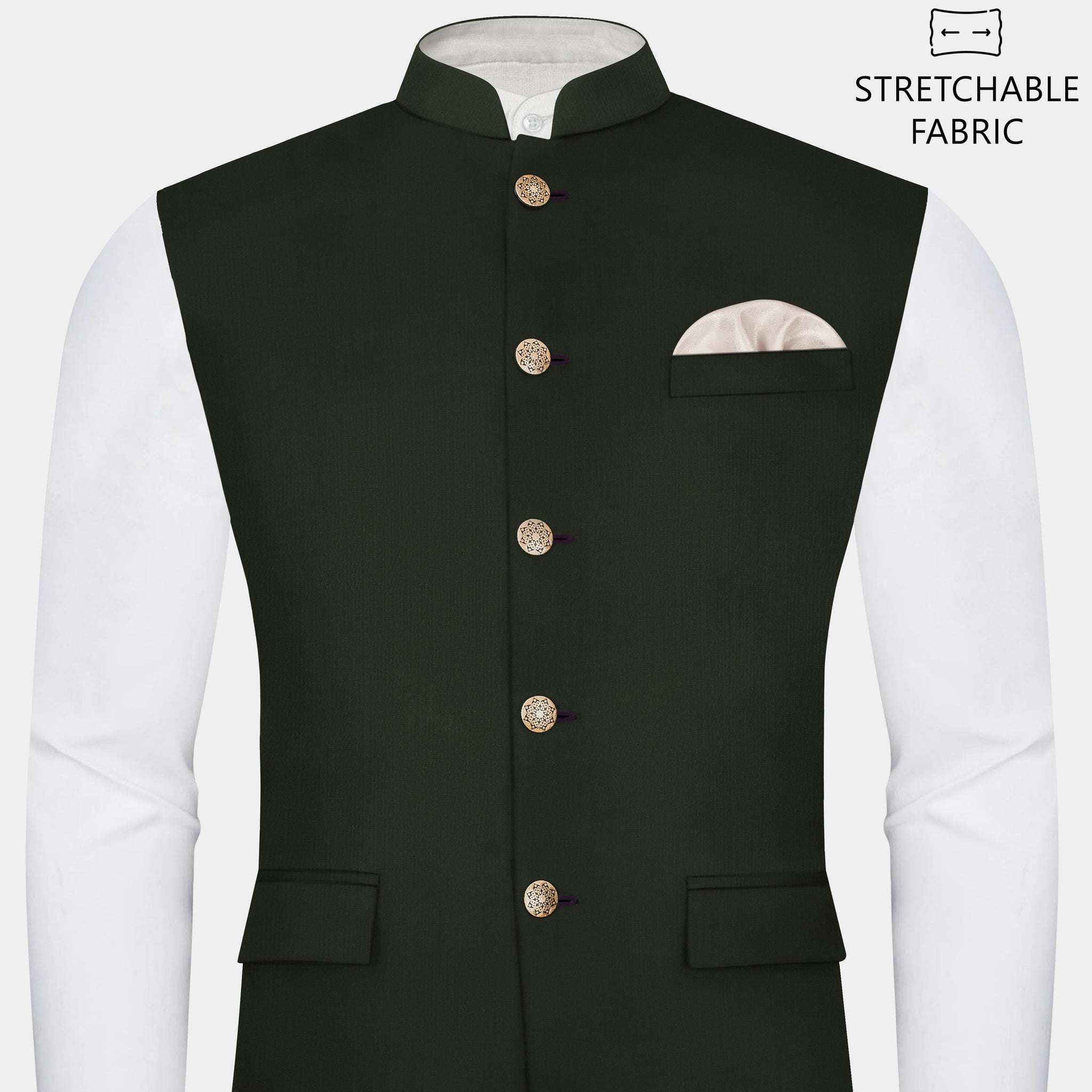 Verdant Majesty-Juniper Green Solid Premium Wool Rich Nehru Jacker For Men.