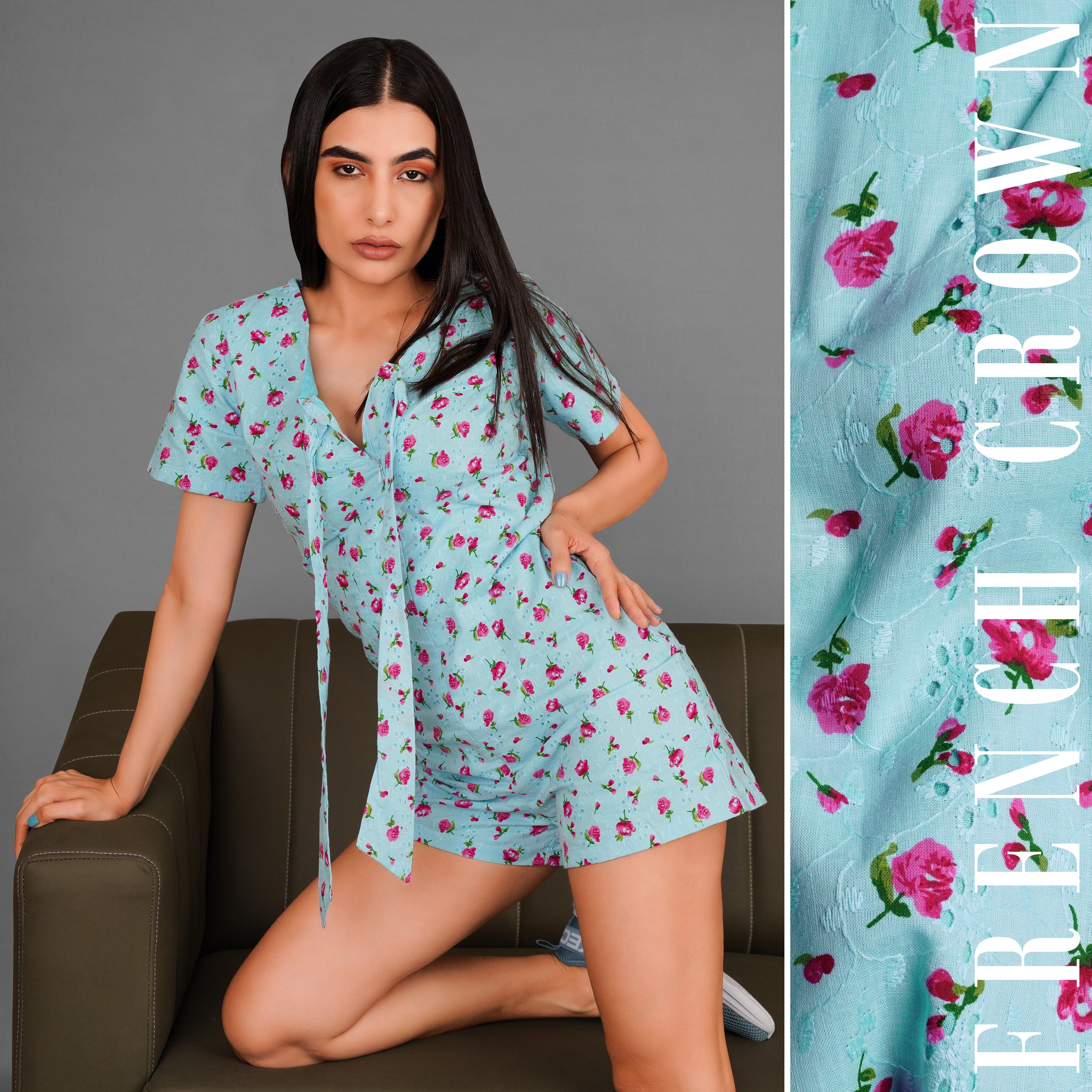 Cerulean Blue Casual Prints Premium Cotton Dress For Women