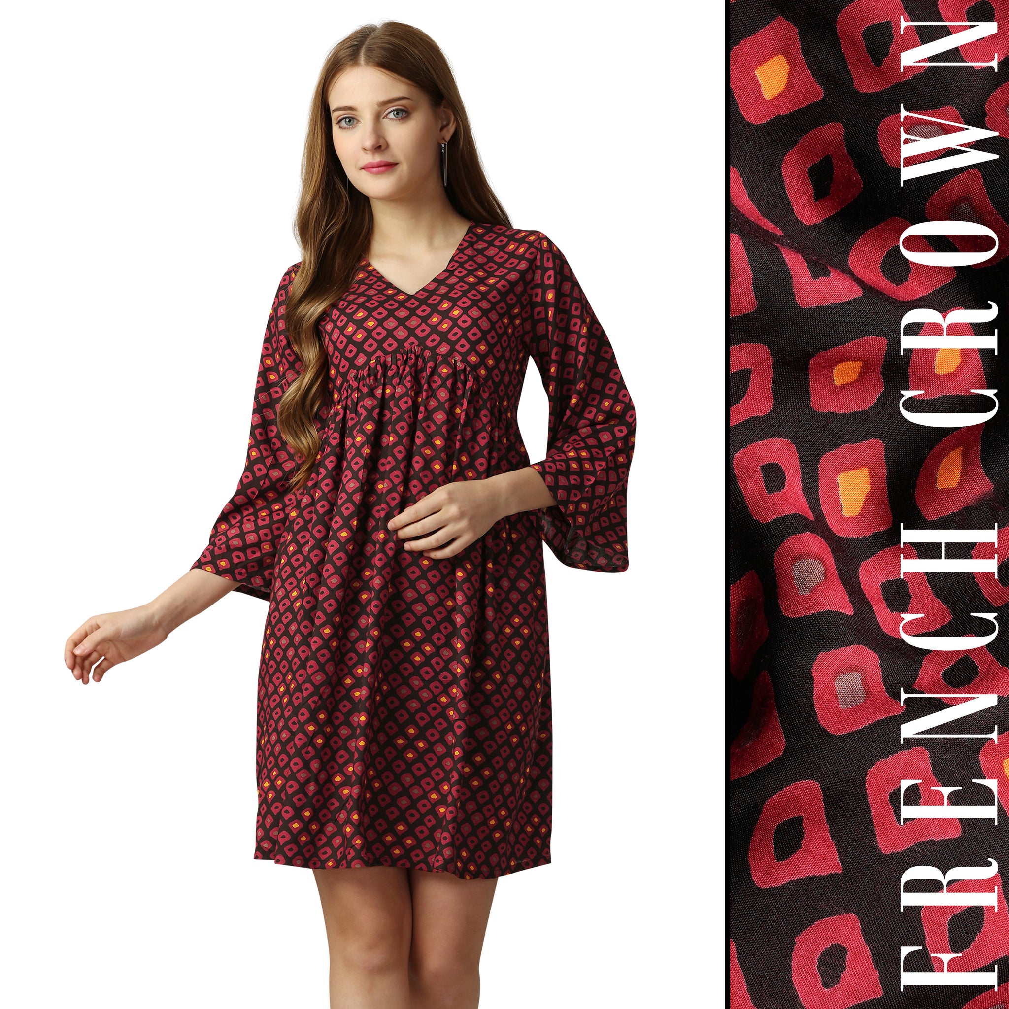 Deep Carmine Red with Jade Black Casual Prints Premium Cotton Dress For ...