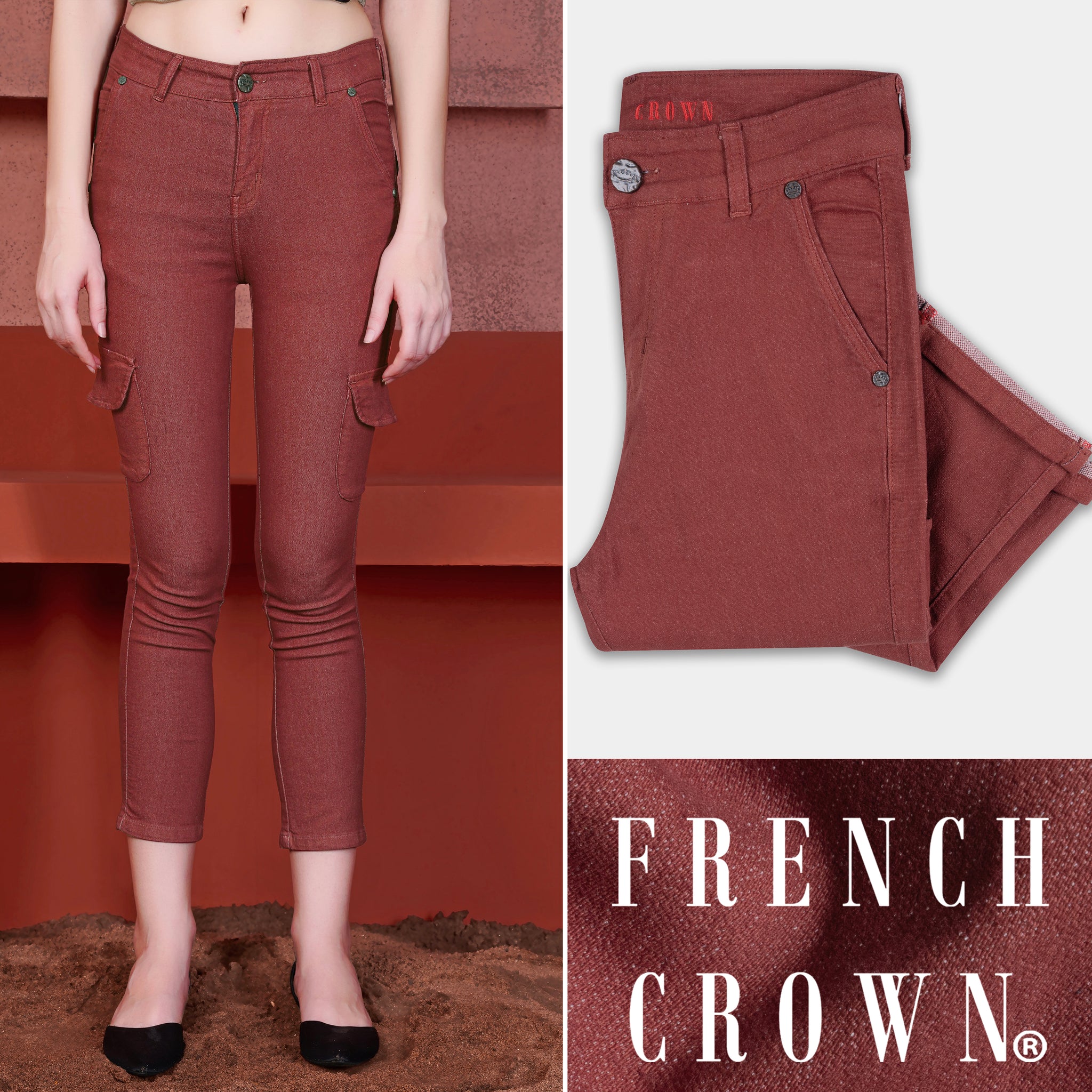 Burnt Umber Red Cargo Fit Mid-Rise Clean Look Denim Womens Jeans