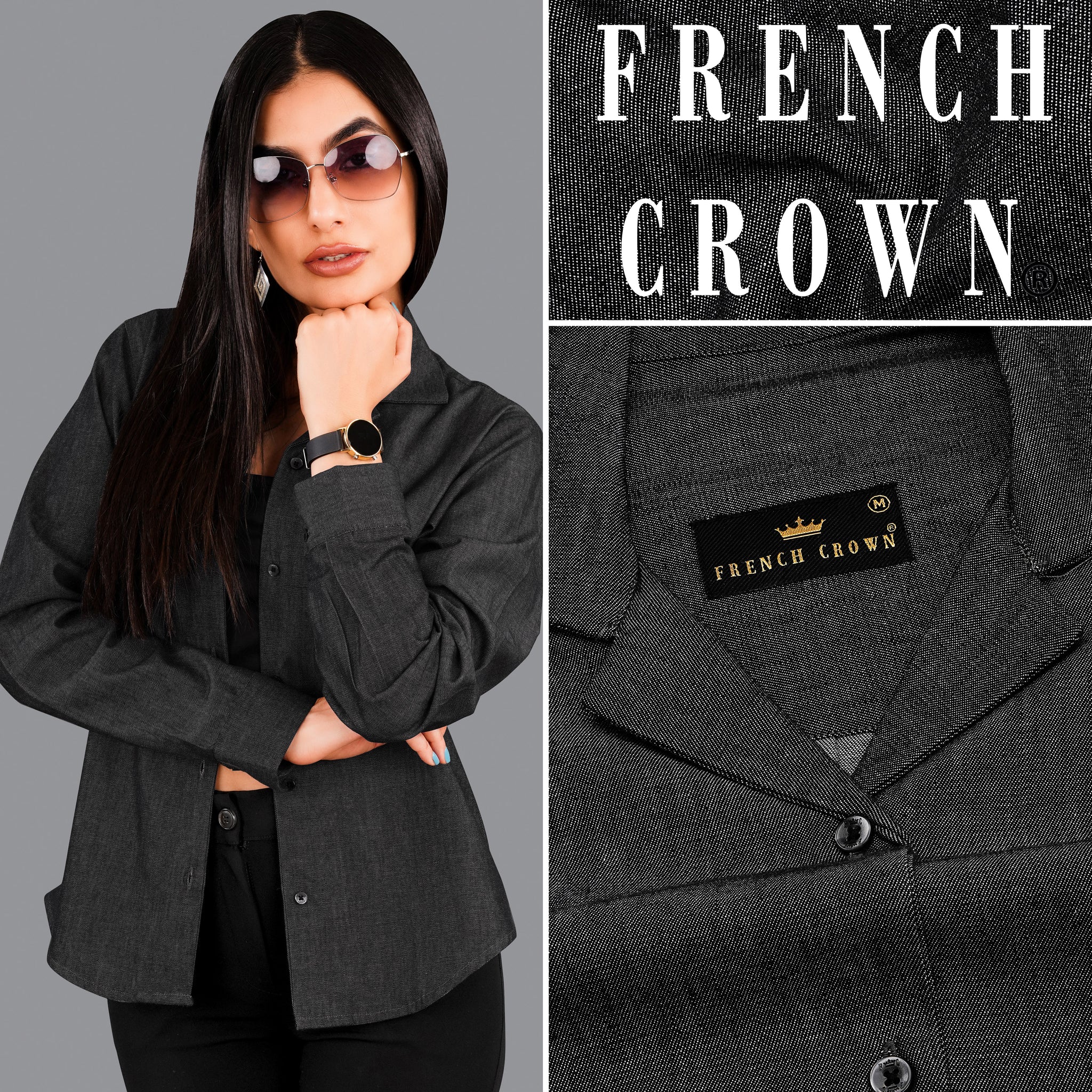 Iridium Gray Casual Textured Premium Cotton Shirt For Women