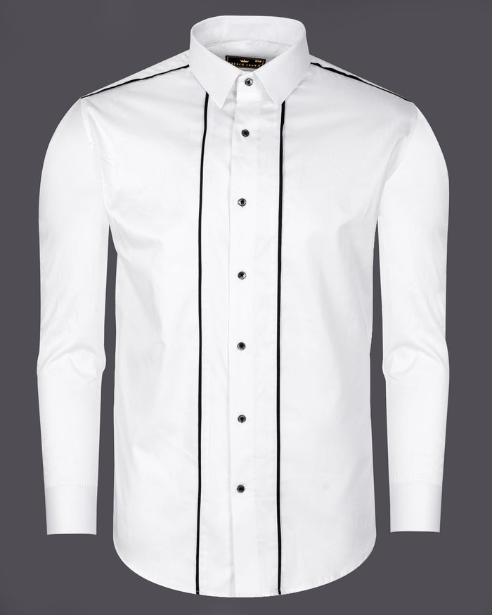 Bright White with Black Subtle Sheen Piping Patterned Premium Cotton Shirt
