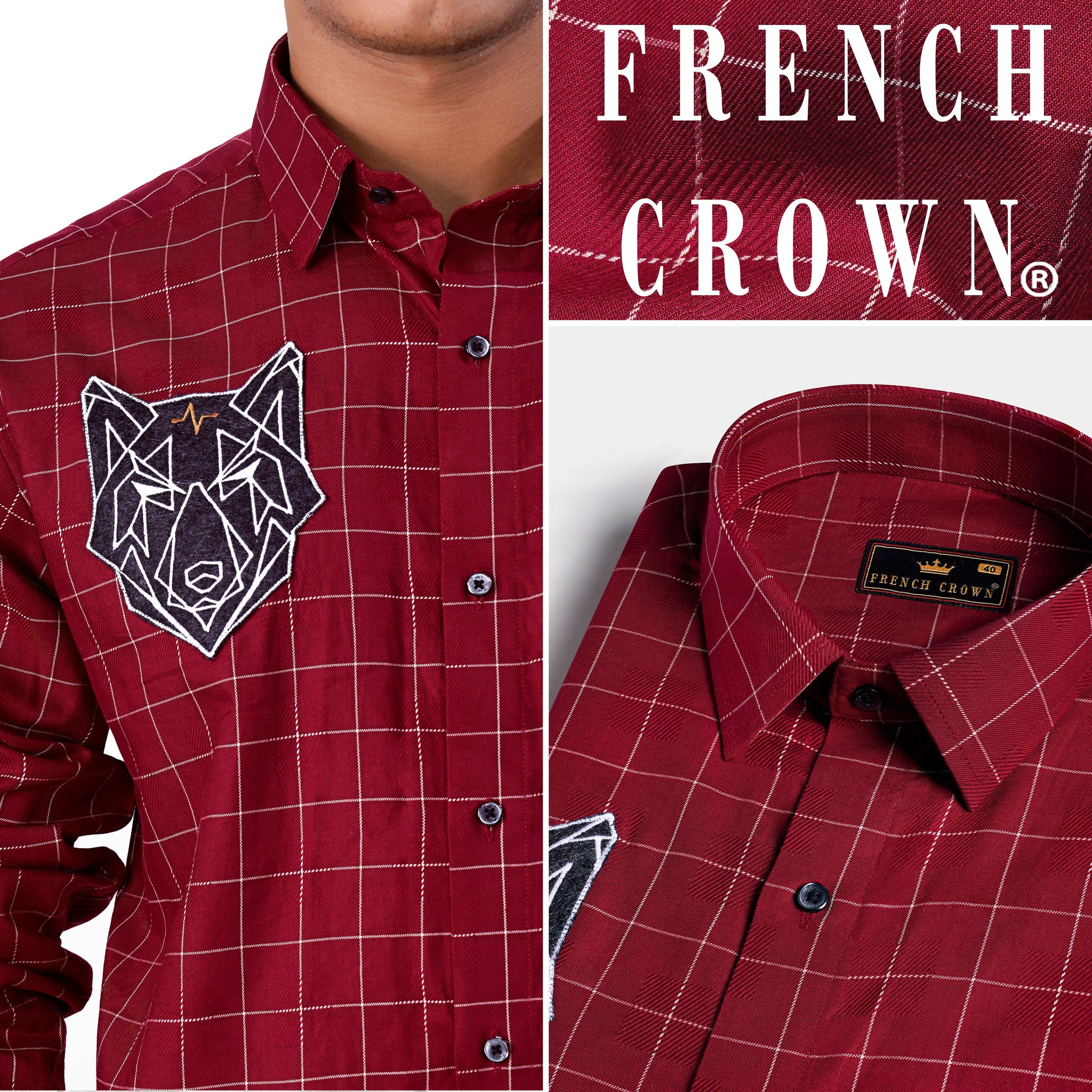 Claret Red Twill Checkered with Wolf Patchwork Checks-Plaid Premium ...