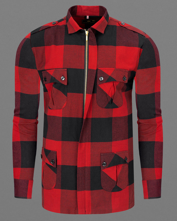 Black With Pale Carmine Red Herringbone Zipper Closure Overshirtshacket