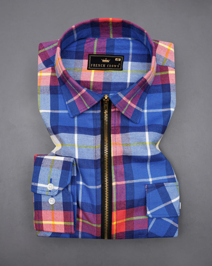 Cerulean Blue with Carmine Red Twill Windowpane Zipper Closure Designer ...