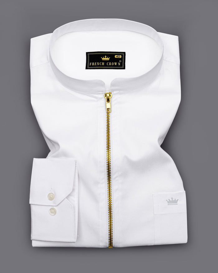 Bright White Oxford Zipper Closure Stretchable Overshirt