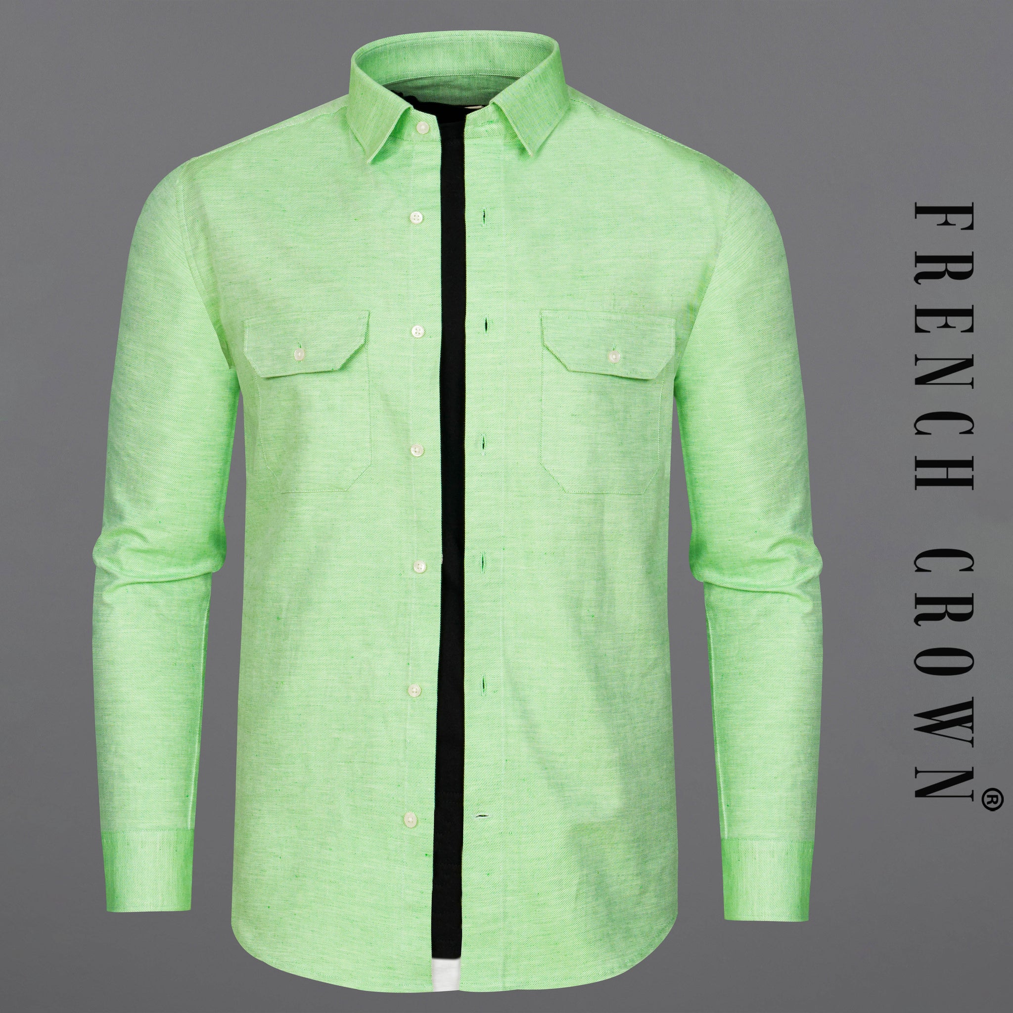Chinook Green Casual Textured Premium Linen Shackets / Overshirt For Men