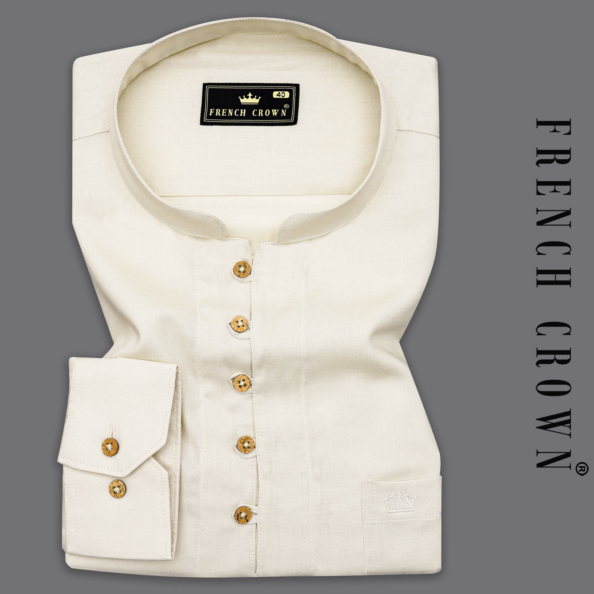 Eggshell Cream Plain-Solid Premium Cotton Indian Kurta Style Shirt For ...