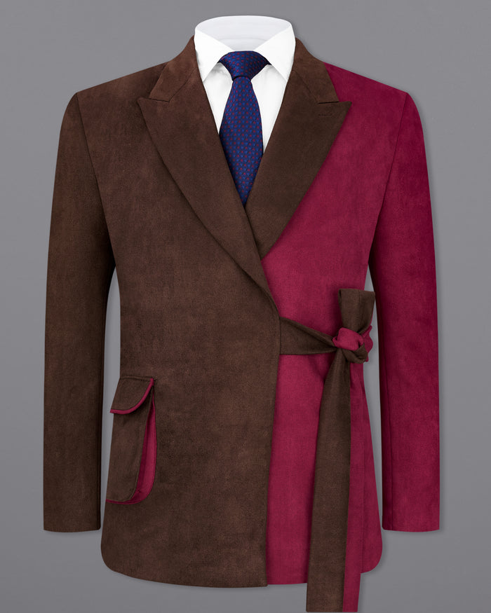 Half Eclipse Brown and Half Claret Red Velvet Designer Blazer With Knot ...
