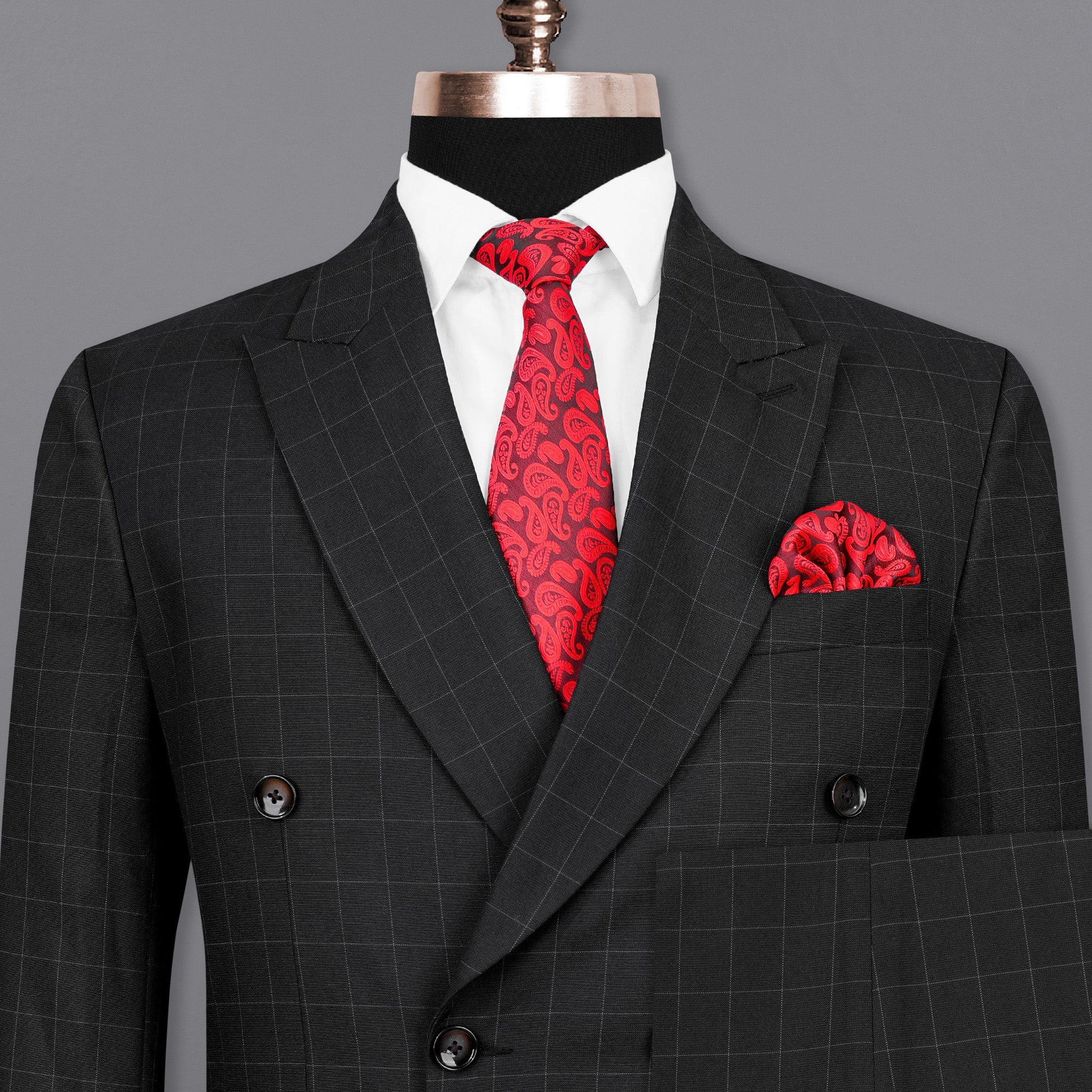 Zeus Black Checks-Plaid Premium Terry Rayon Double-Breasted-Suits for Men.