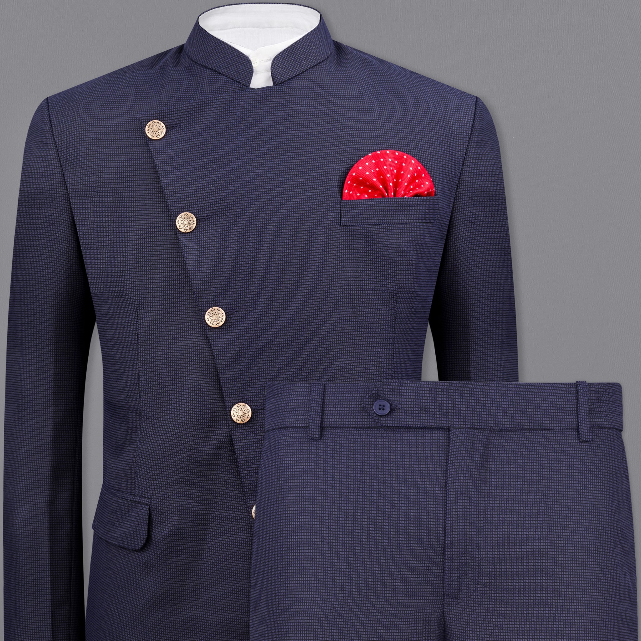 Ebony Clay Navy Blue Textured Premium Terry Rayon Bandhgala/Jodhpuri ...