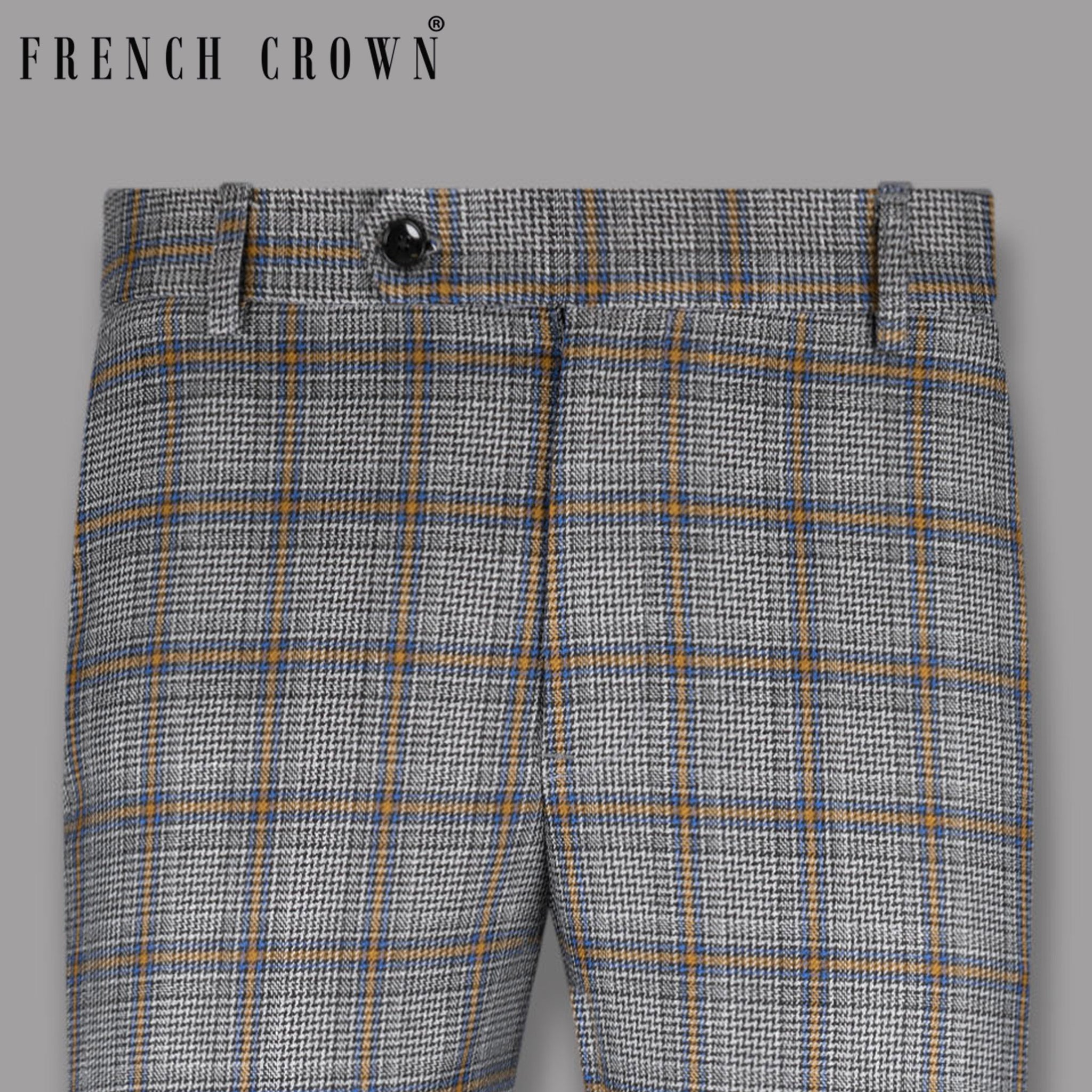Chantelle Grey Checks-Plaid Regular Fit Wool-Blend Pants For Men