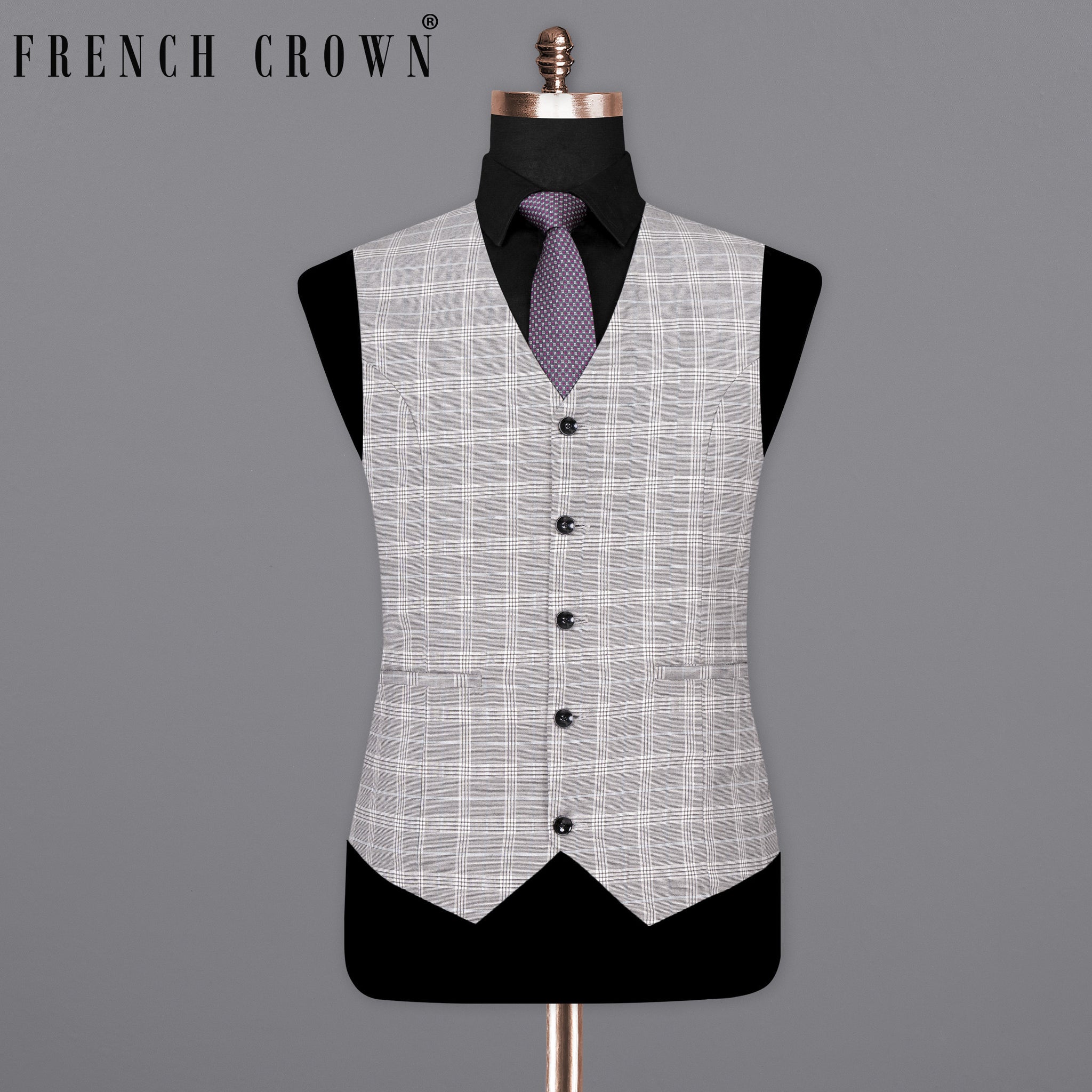 Mercury Grey Checks-Plaid Premium Wool Blend Waistcoats For Men