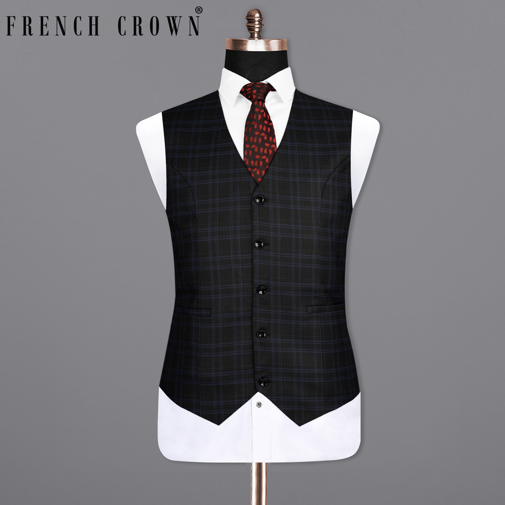 Jet Black Checks-Plaid Premium Wool Blend Waistcoats For Men