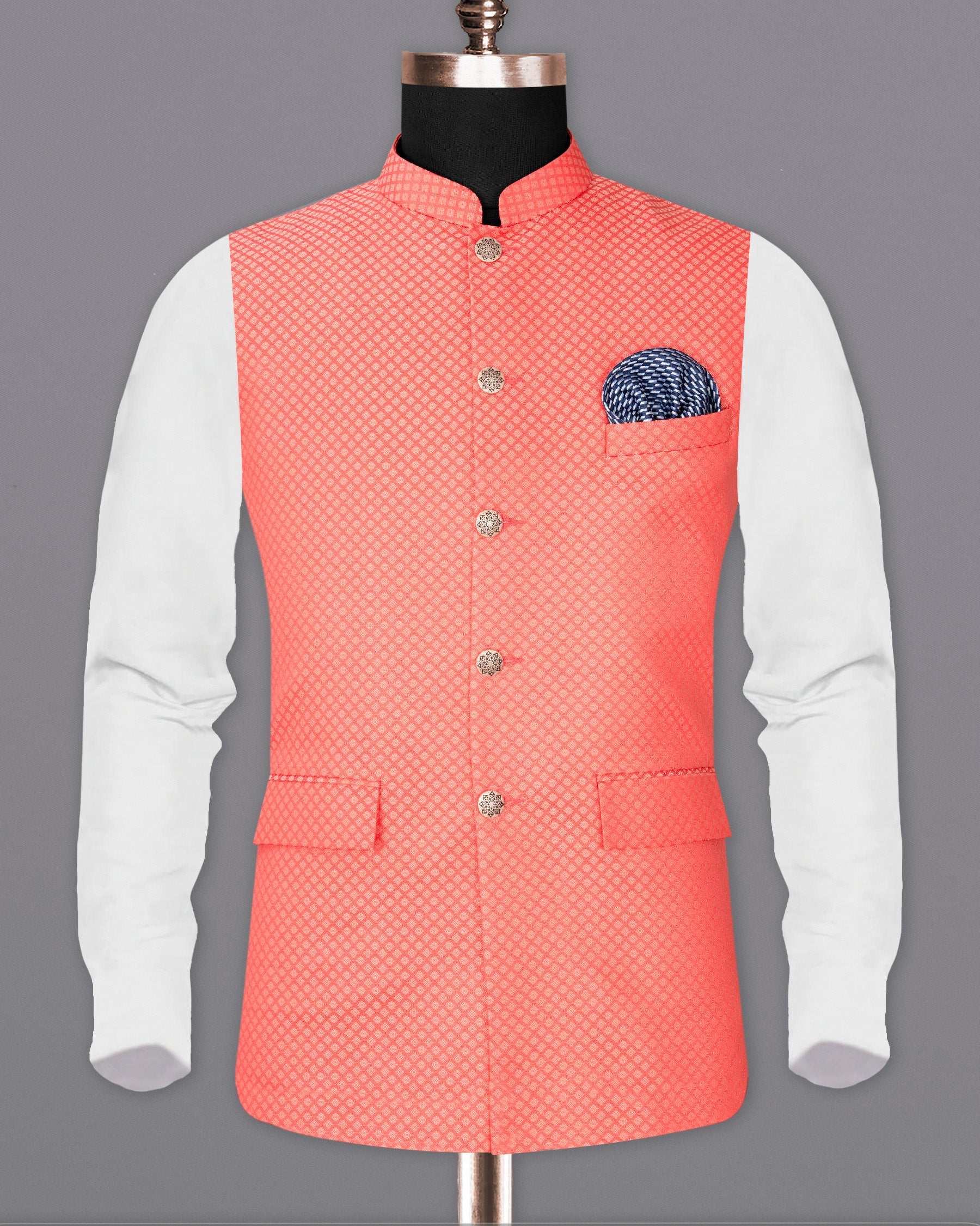 Bittersweet Pink Textured Premium Wool-Blend Nehru-Jackets For Men